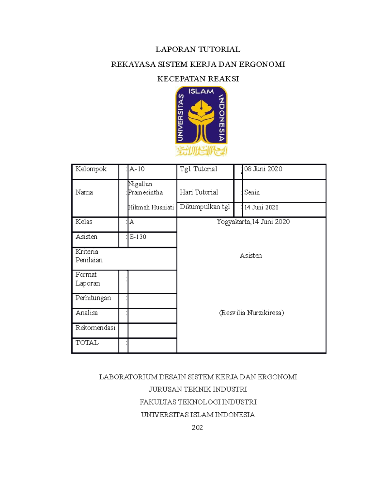 A-10 Reaction Time - LAPORAN TUTORIAL REKAYASA SISTEM KERJA DAN ...