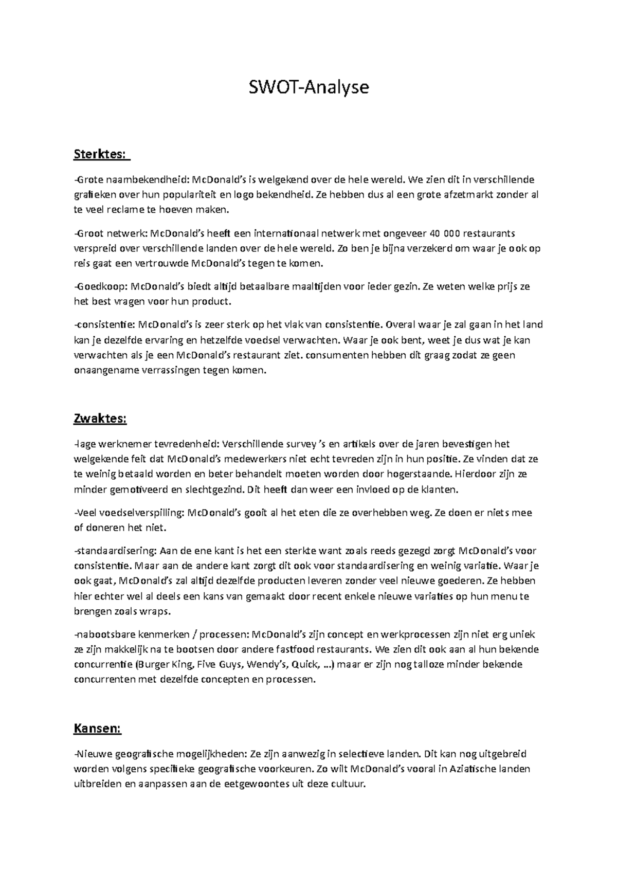 SWOT-Analyse - SWOT- analyse mcdo - SWOT-Analyse Sterktes: -Grote ...