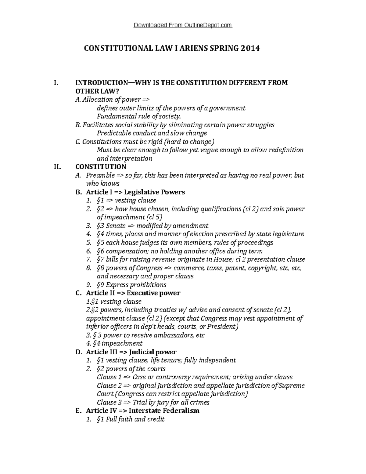 Con Law Spring 2022 Ariens - CONSTITUTIONAL LAW I ARIENS SPRING 2014 I ...