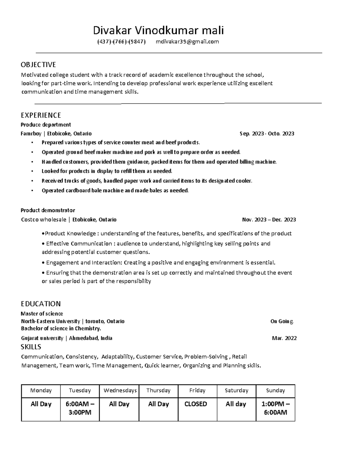 Divakar'S Resume(NEW) - Divakar Vinodkumar mali (437)-(766)-(9847) mdivakar39@gmail OBJECTIVE ...