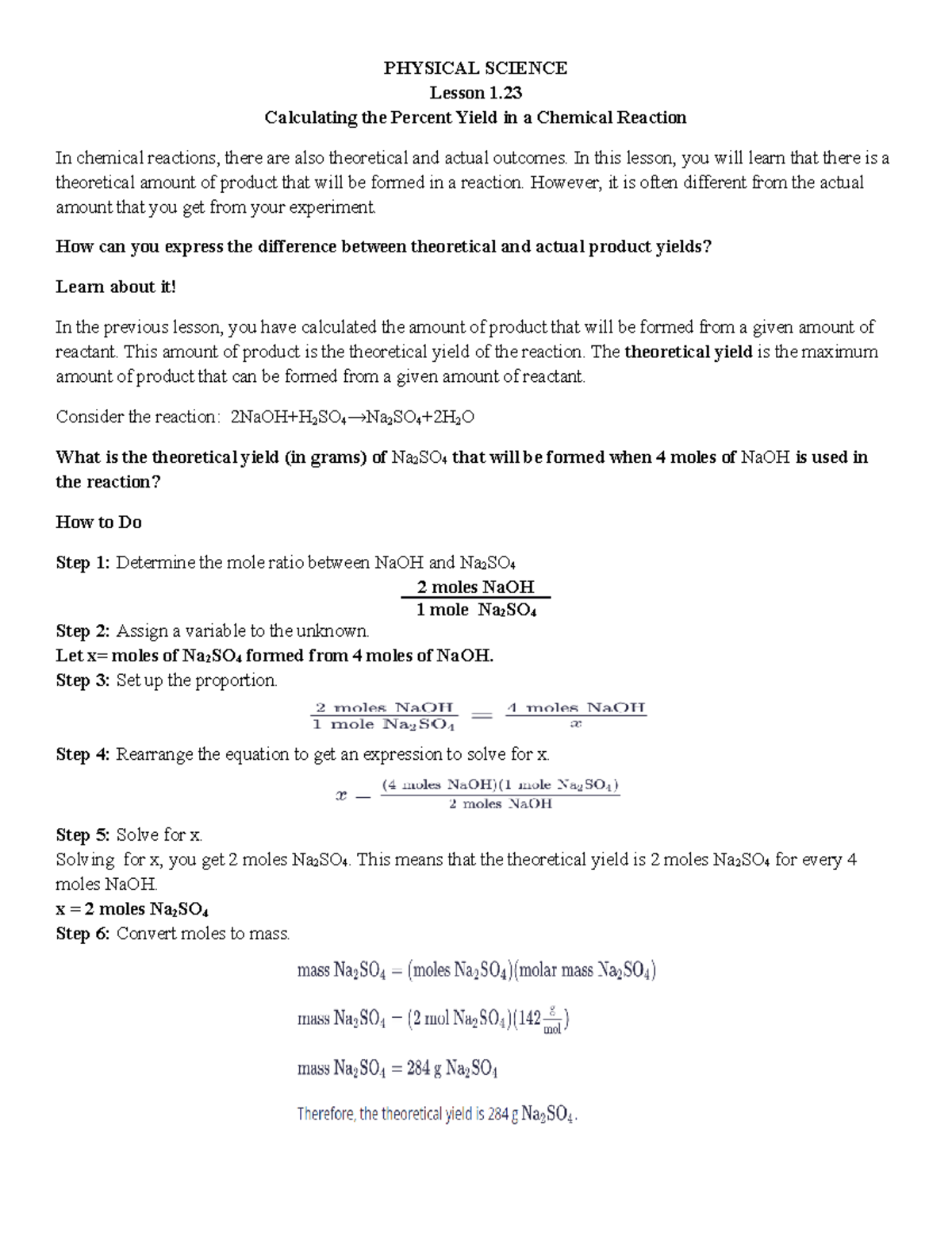 Calculating The Percent Yield In A Chemical Reaction PHYSICAL SCIENCE calculating-the-percent-yield-in-a-chemical-reaction-physical-science