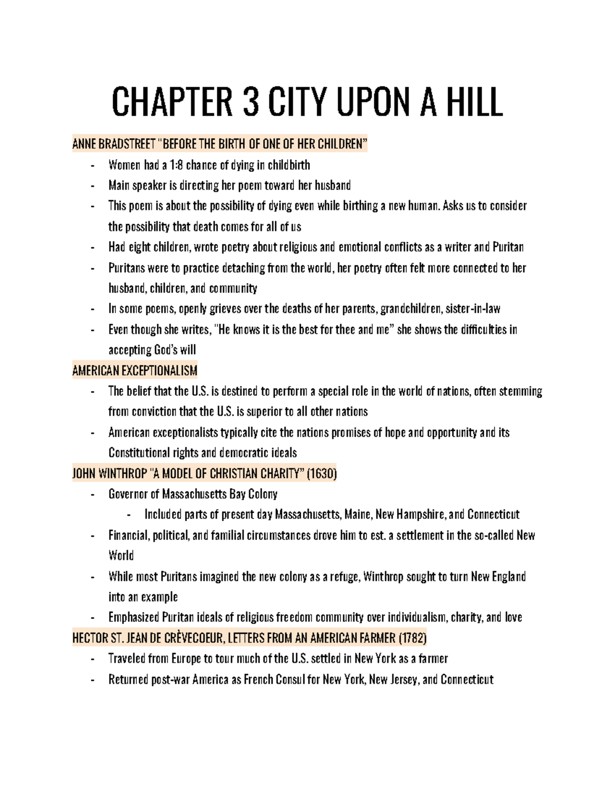 CH 203 Chapter 3 - CHAPTER 3 CITY UPON A HILL ANNE BRADSTREET “BEFORE ...