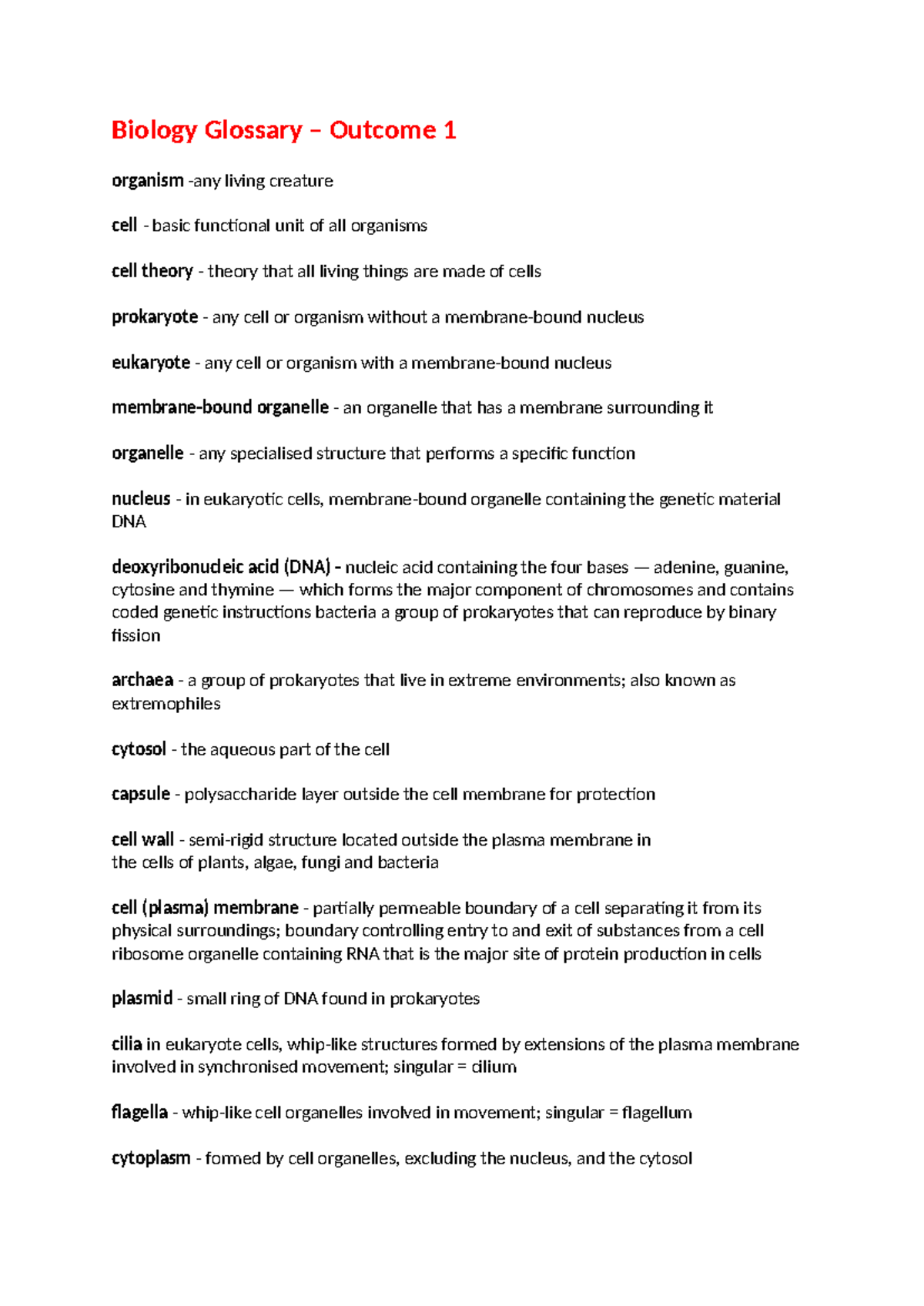 Biology Glossary - Unit 1 AOS 1 - Biology Glossary – Outcome 1 organism ...