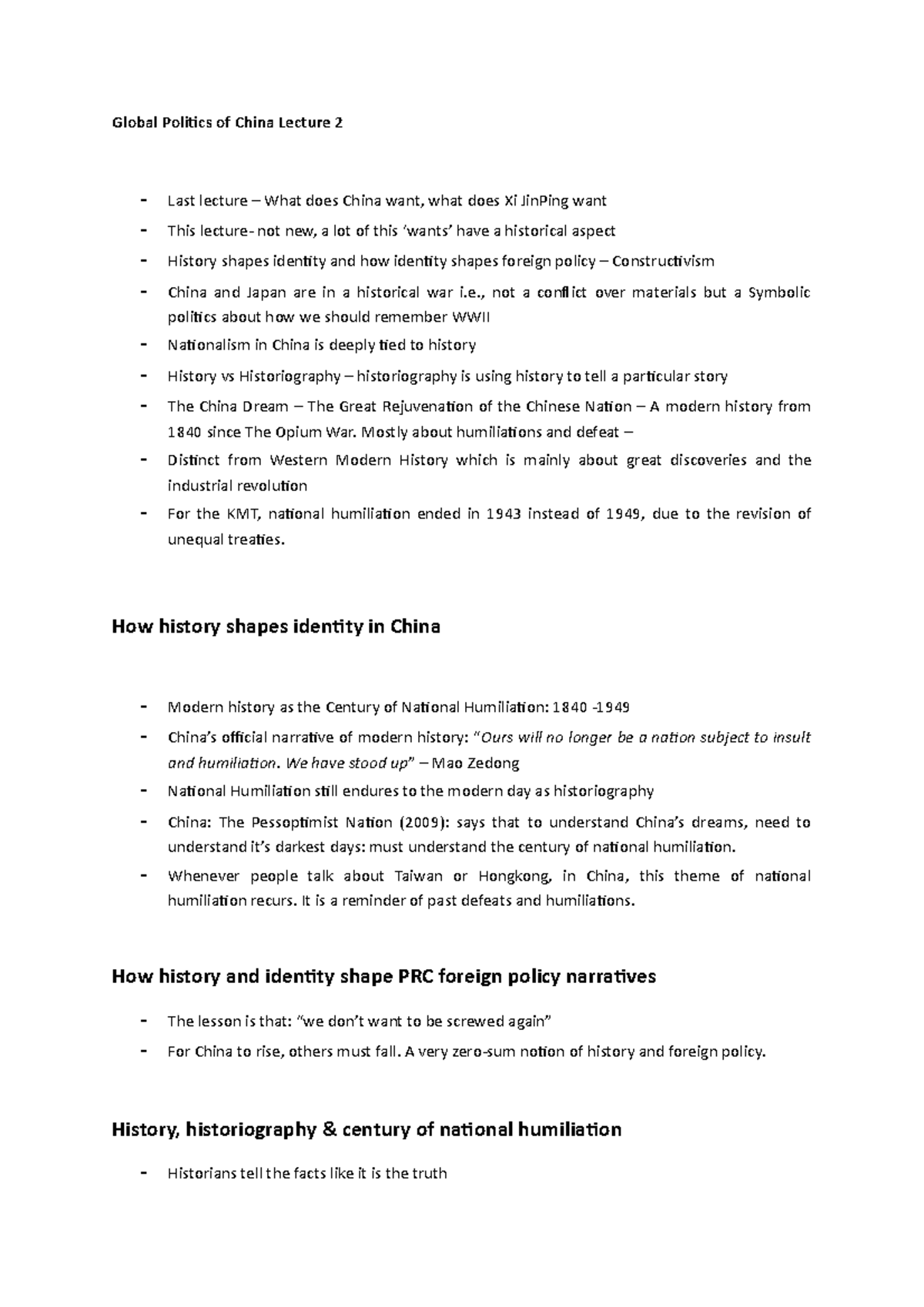 Global Politics of China Lecture 2 - , not a conflict over materials ...