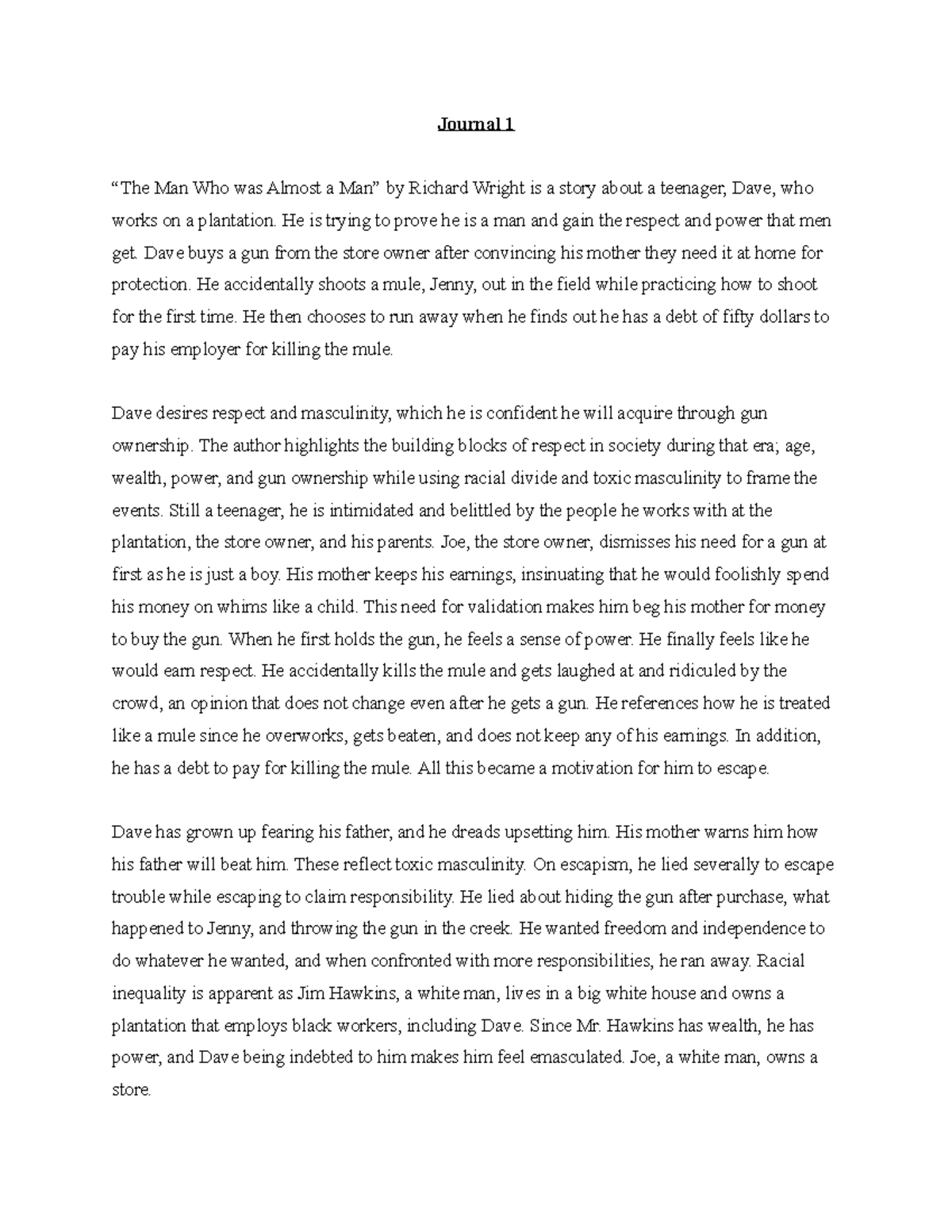 “The Man Who was Almost a Man” by Richard Wright- Summary - Journal 1 ...