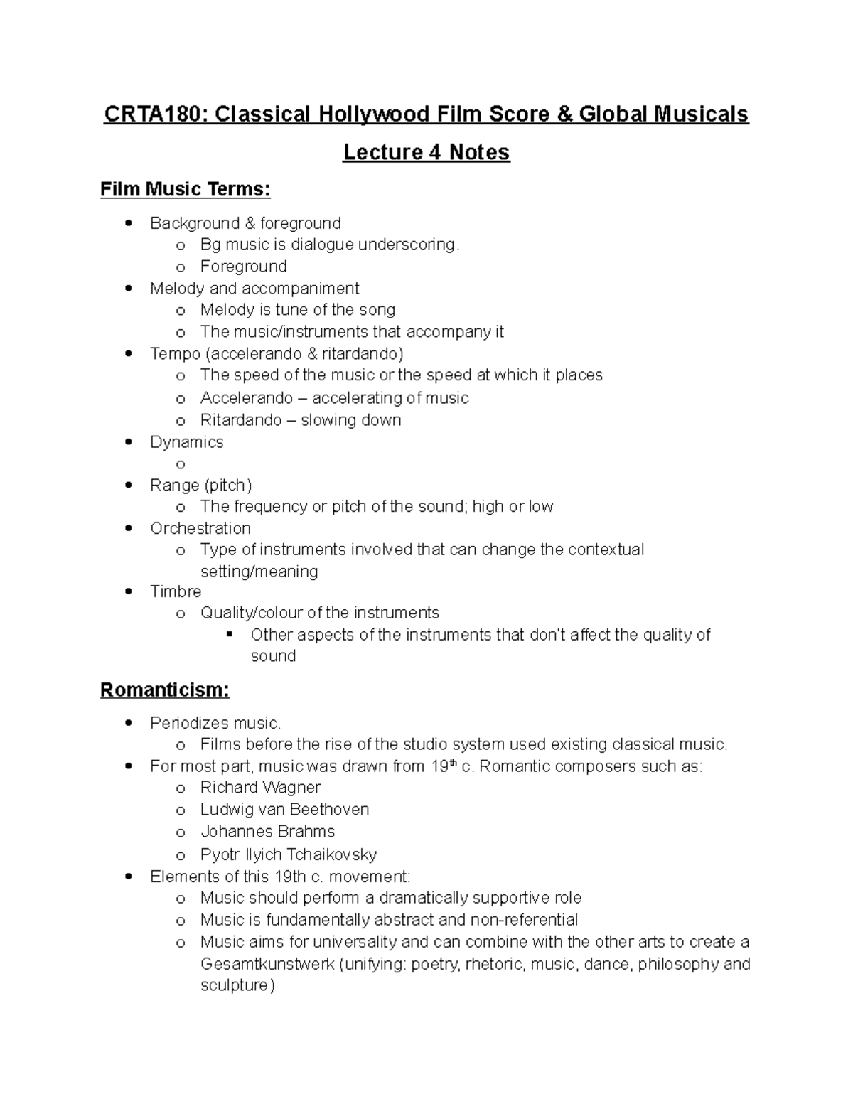 Lecture 4 Notes - Owen Lyons - CRTA180: Classical Hollywood Film Score ...
