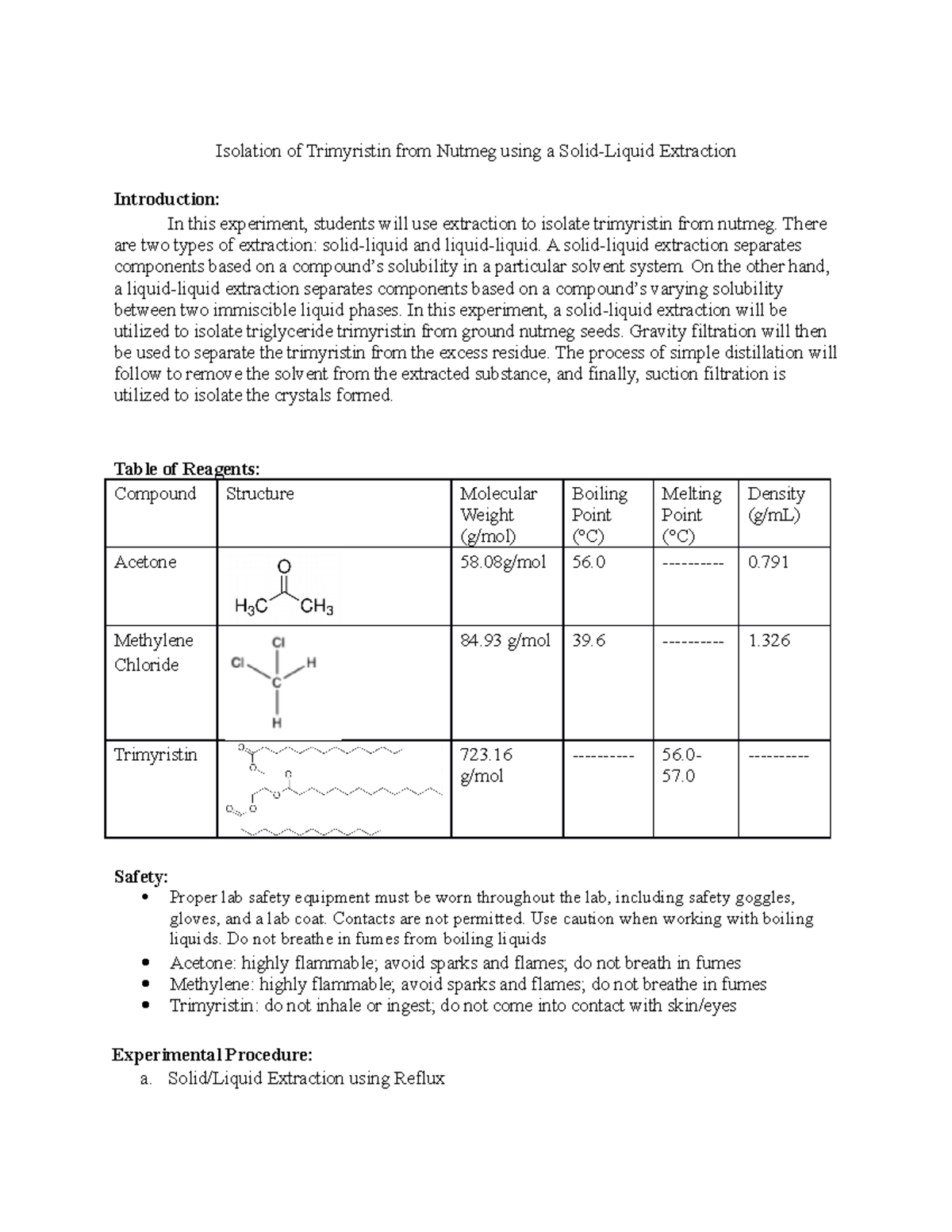 Lab #3 Extraction - Isolation of Trimyristin from Nutmeg using a Solid-Liquid Extraction - Studocu