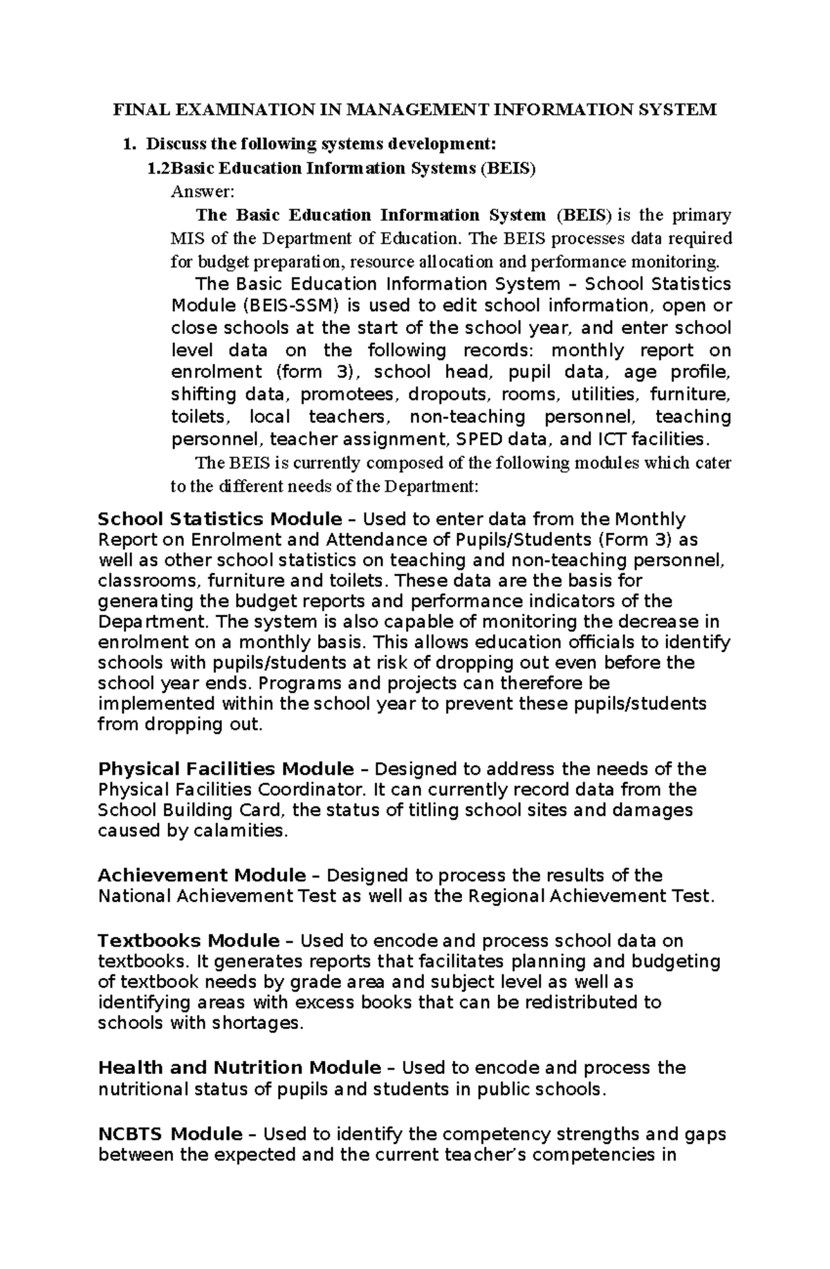 Final Examination IN Management Information System - FINAL EXAMINATION ...