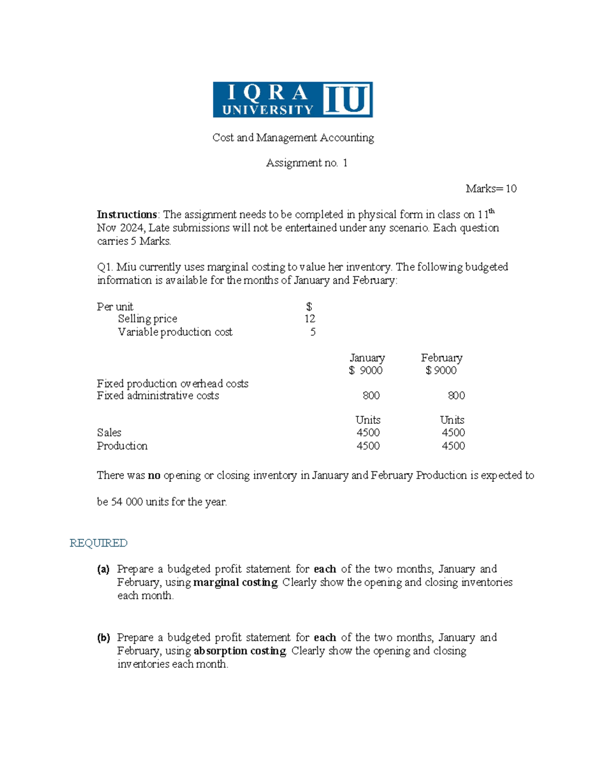 Assignment no.1 CMA - need solve - Cost and Management Accounting ...