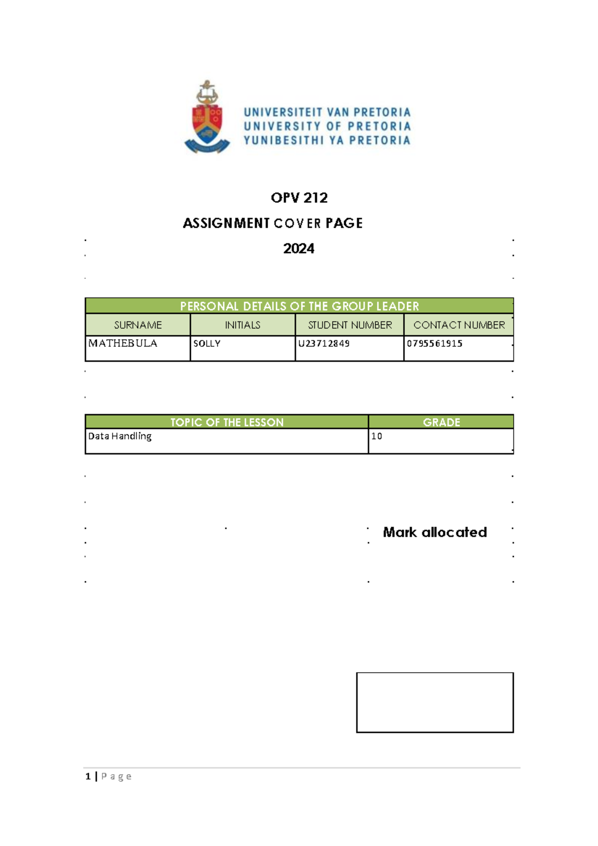 Individual OPV 212 assignment - OPV 212 ASSIGNMENT COVER PAGE 2024 ...