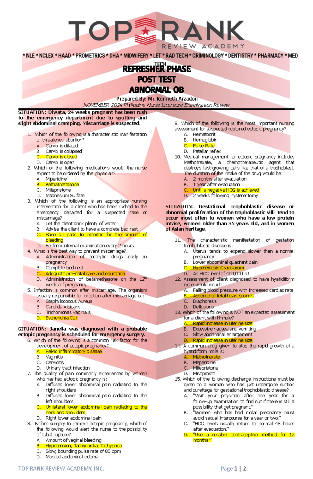 POST TEST - Abnormal OB - MR. Kenneth Arzadon (SC) - REFRESHER PHASE ...