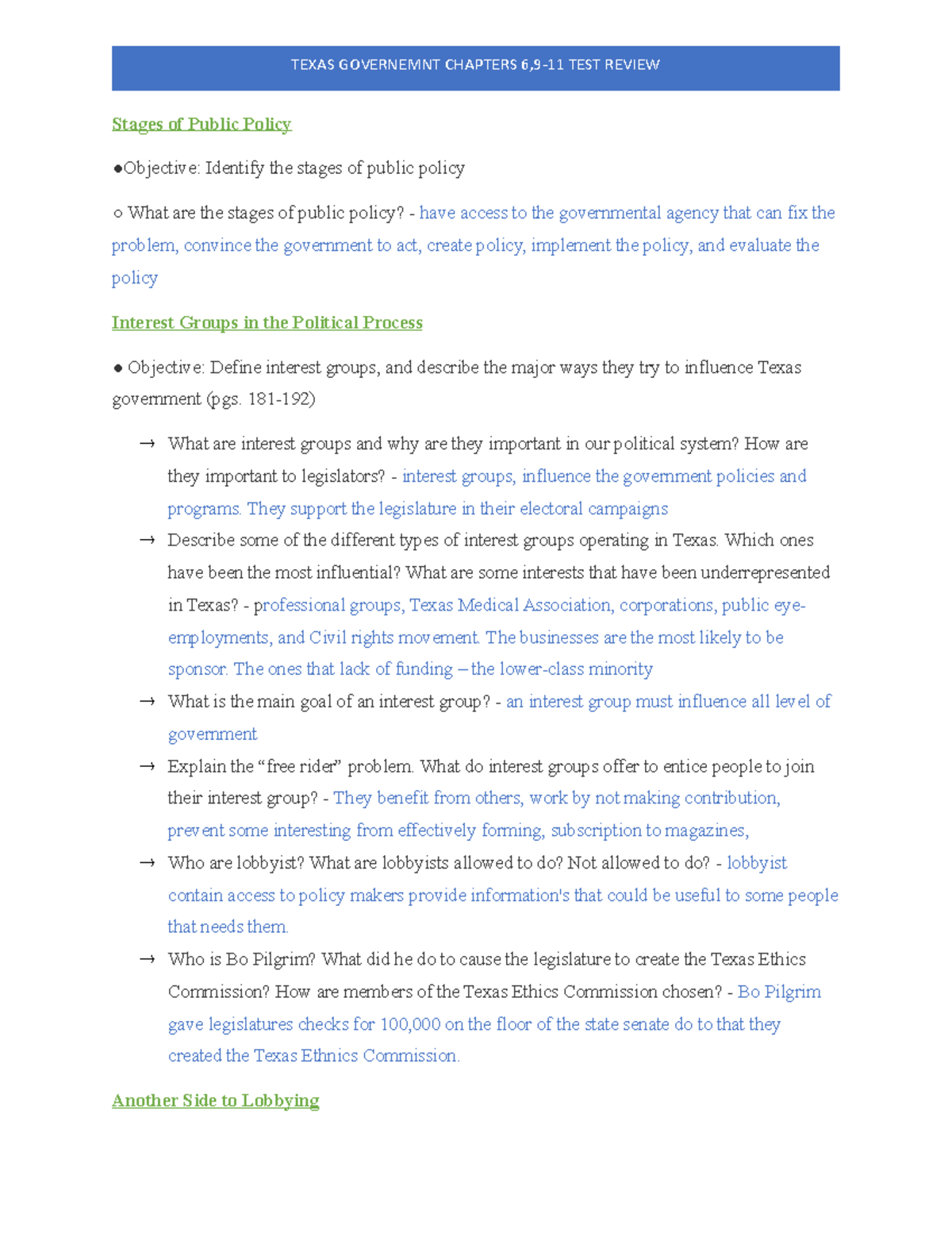 Texas Governement Chapters 6,9-11 Test Review - Stages of Public Policy ...