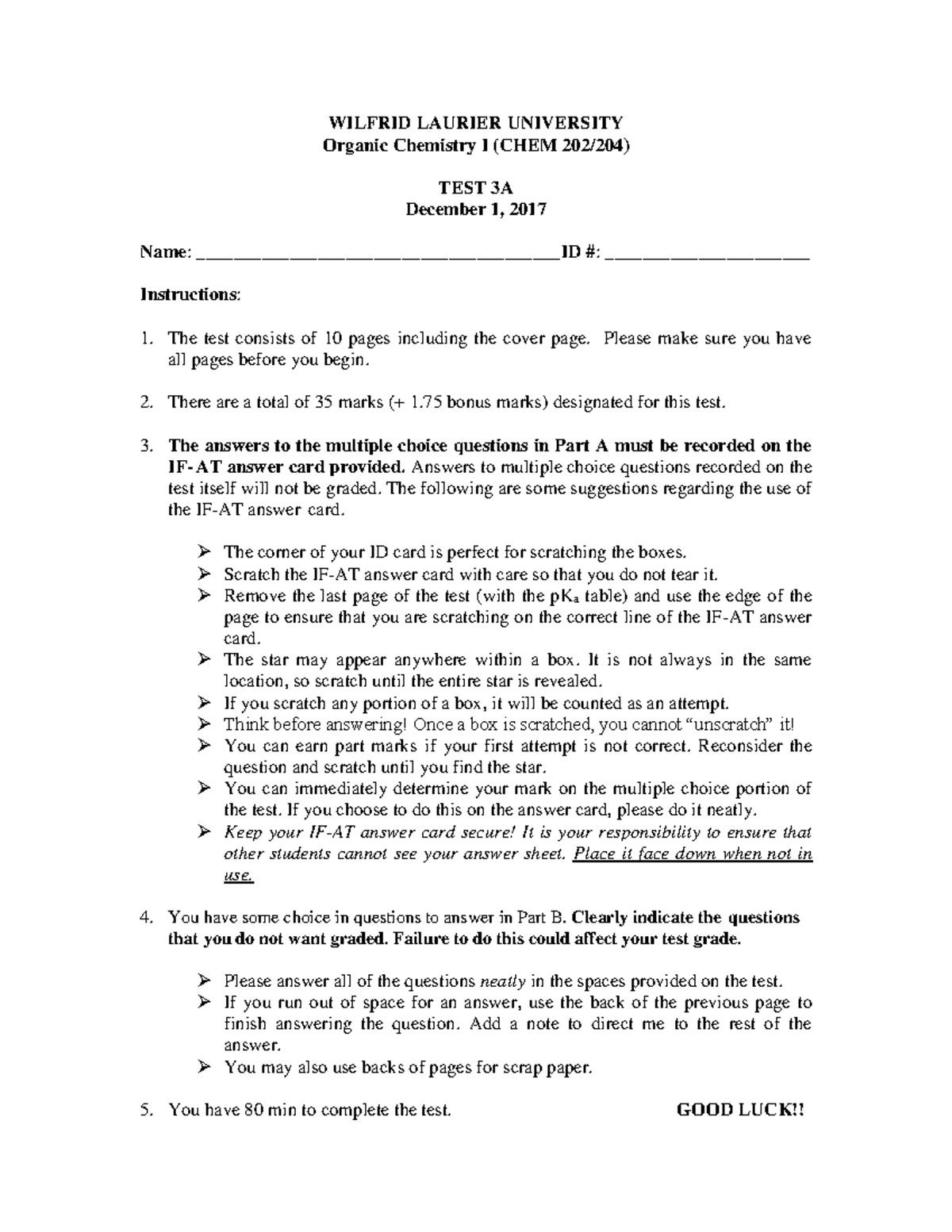Midterm 2 17 November 2018, questions and answers - WILFRID LAURIER UNIVERSITY Organic Chemistry ...