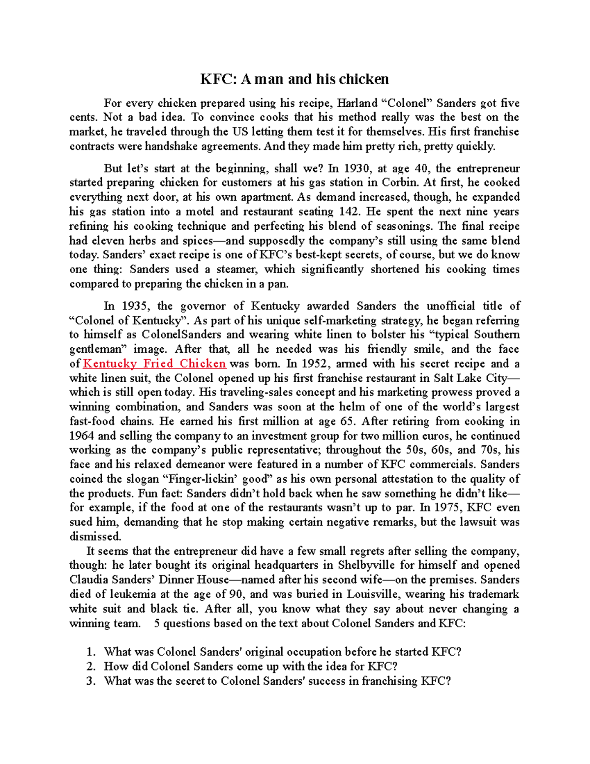 KFC - KFC lần 1 - KFC: A man and his chicken For every chicken prepared ...