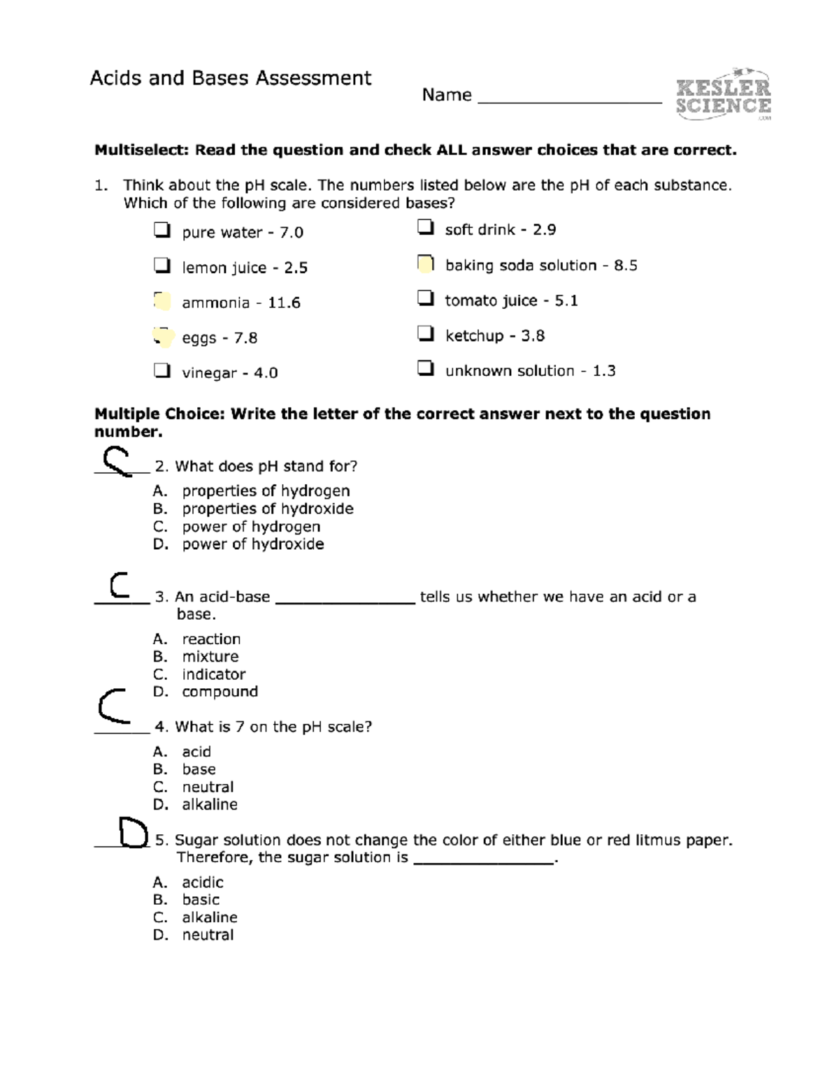 acids and bases assesment - Acids and Bases Assessment Name SCIENCE ...