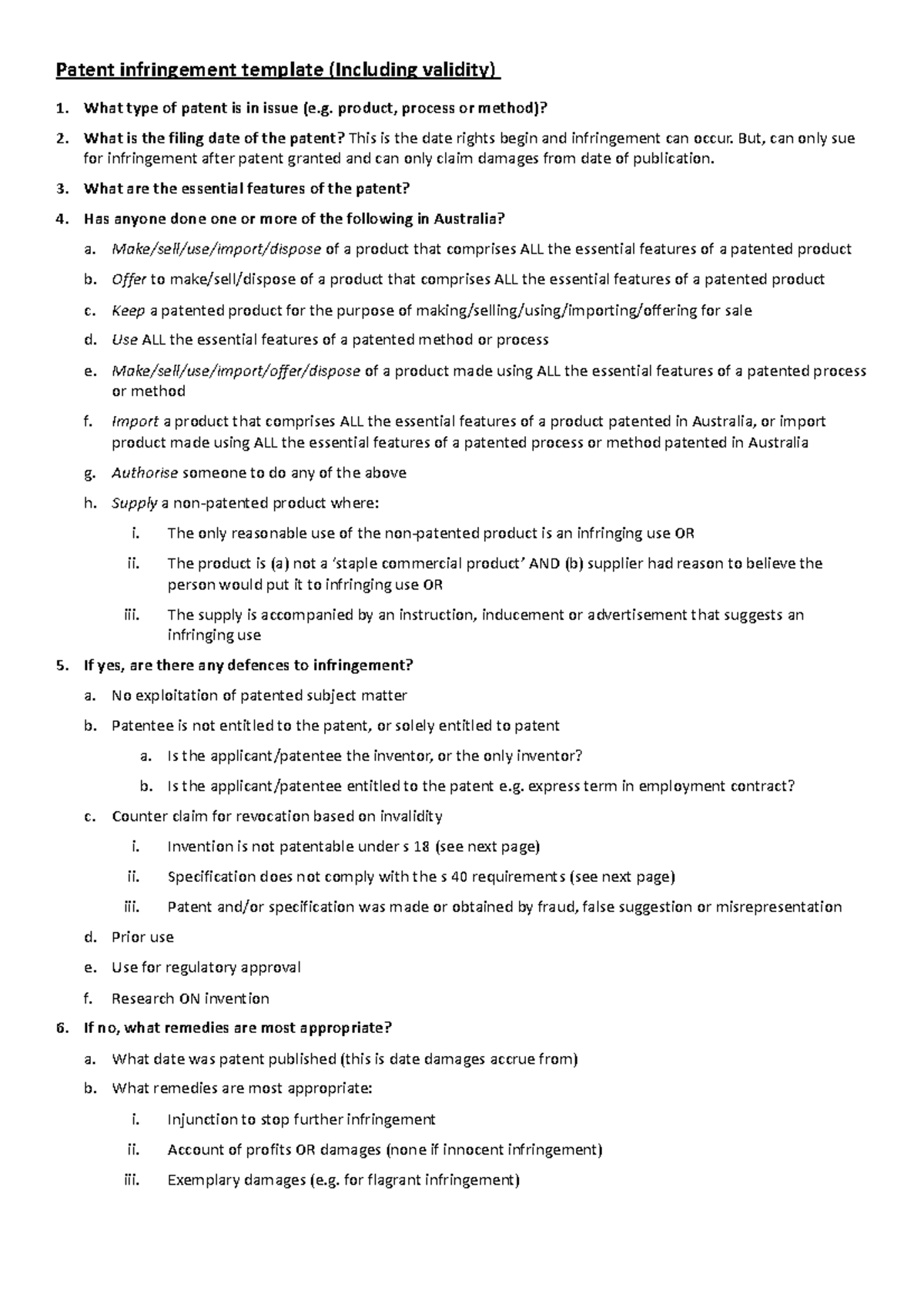 Patent template - summary - Patent infringement template (Including ...