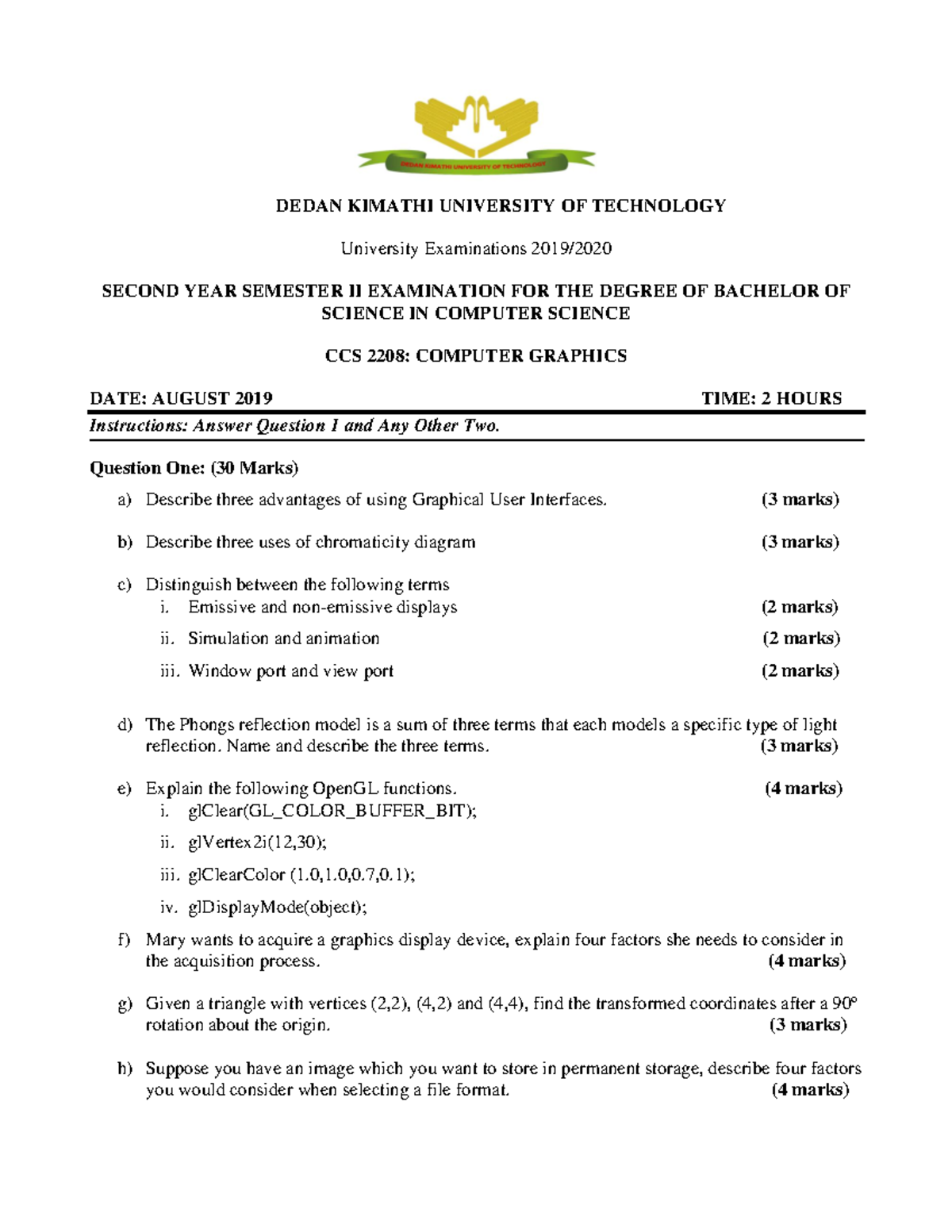 Ccs 2208 Computer Graphics Exam Dedan Kimathi University Of Technology University Examinations