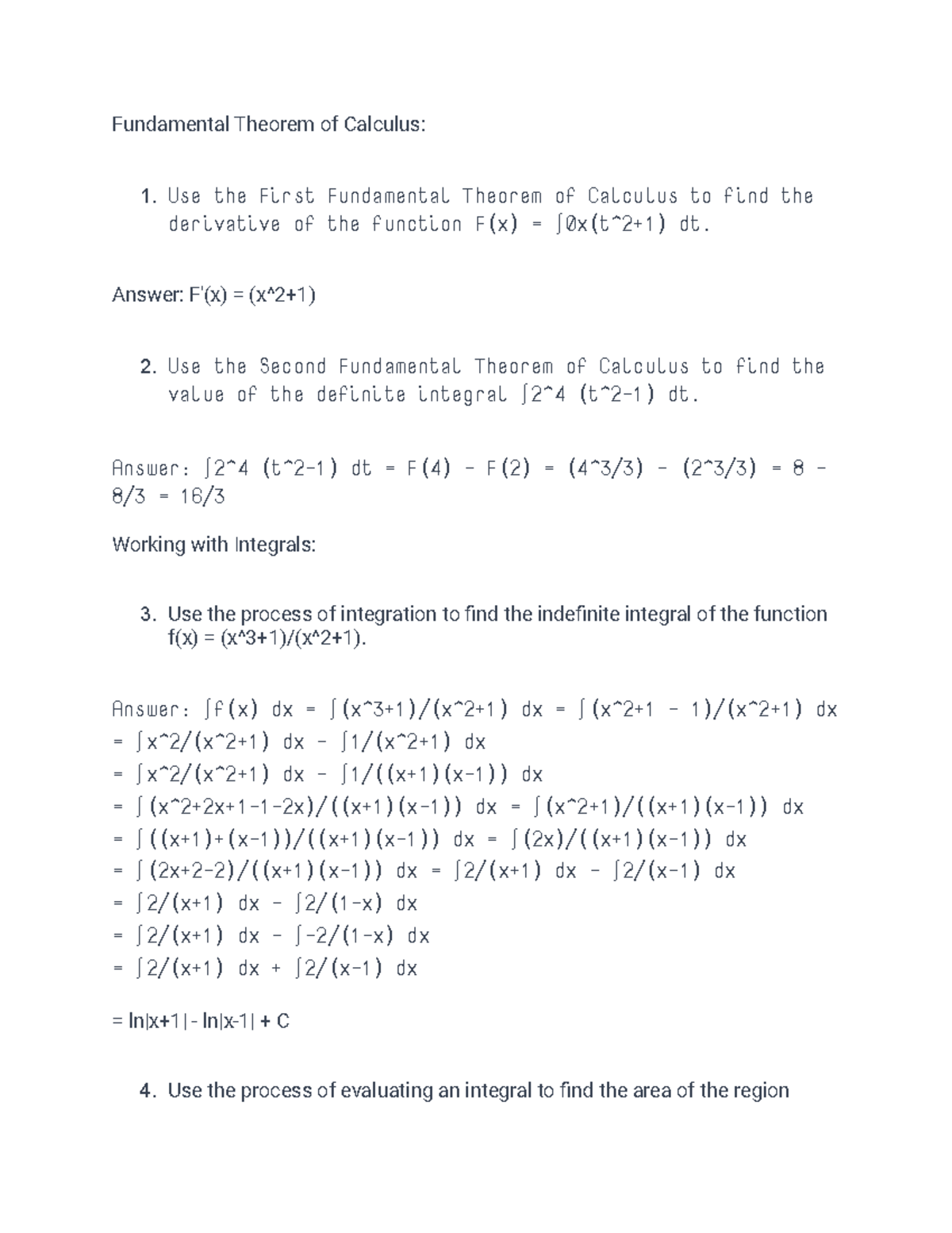 MA 161 Practice Homework Problems E4 - Fundamental Theorem of Calculus ...
