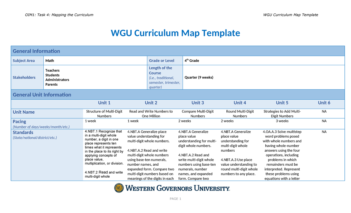 Designing C and I Task 4 - Task 4 - WGU Curriculum Map Template General ...