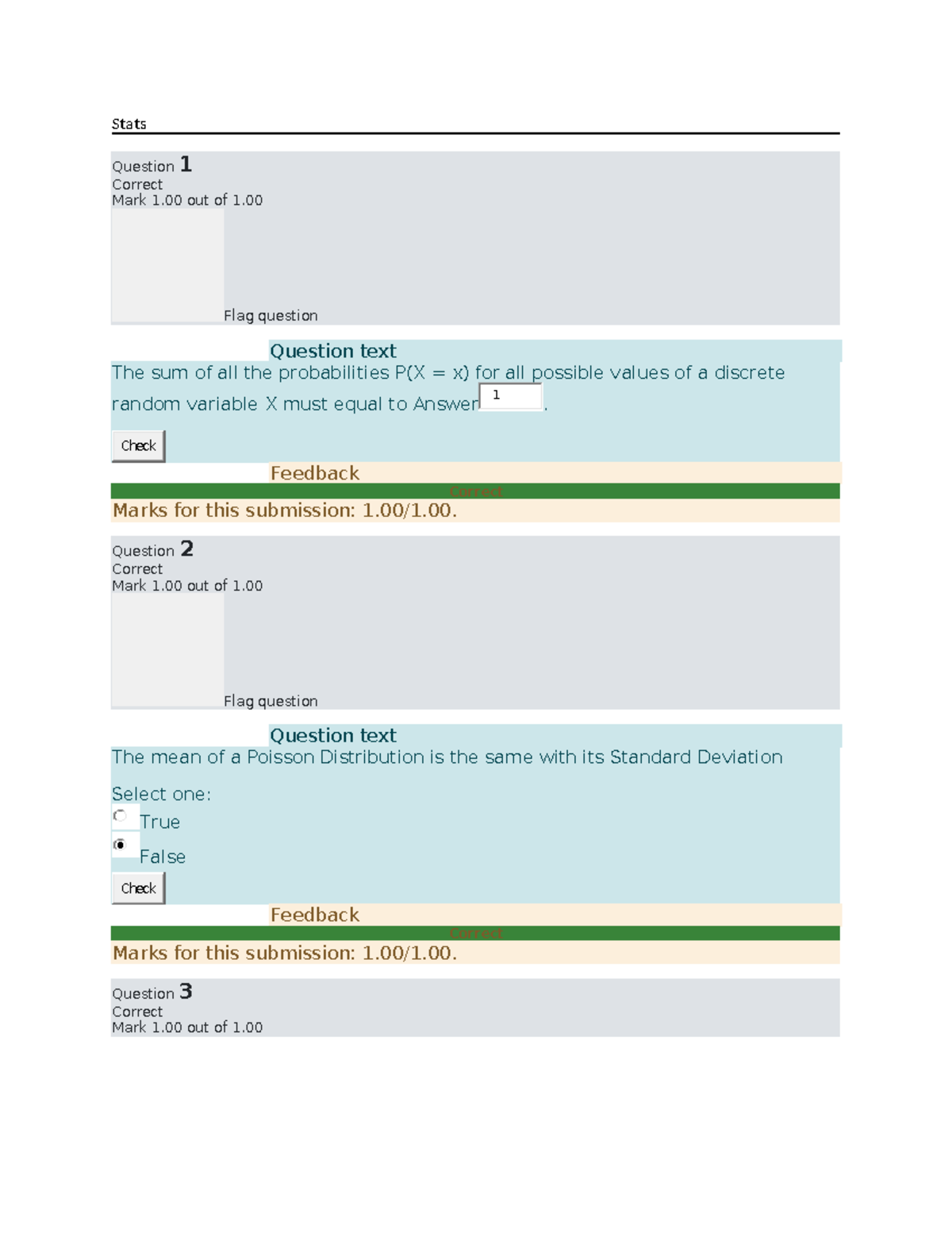 112312 stats - lectures - Stats Question 1 Correct Mark 1 out of 1 ...