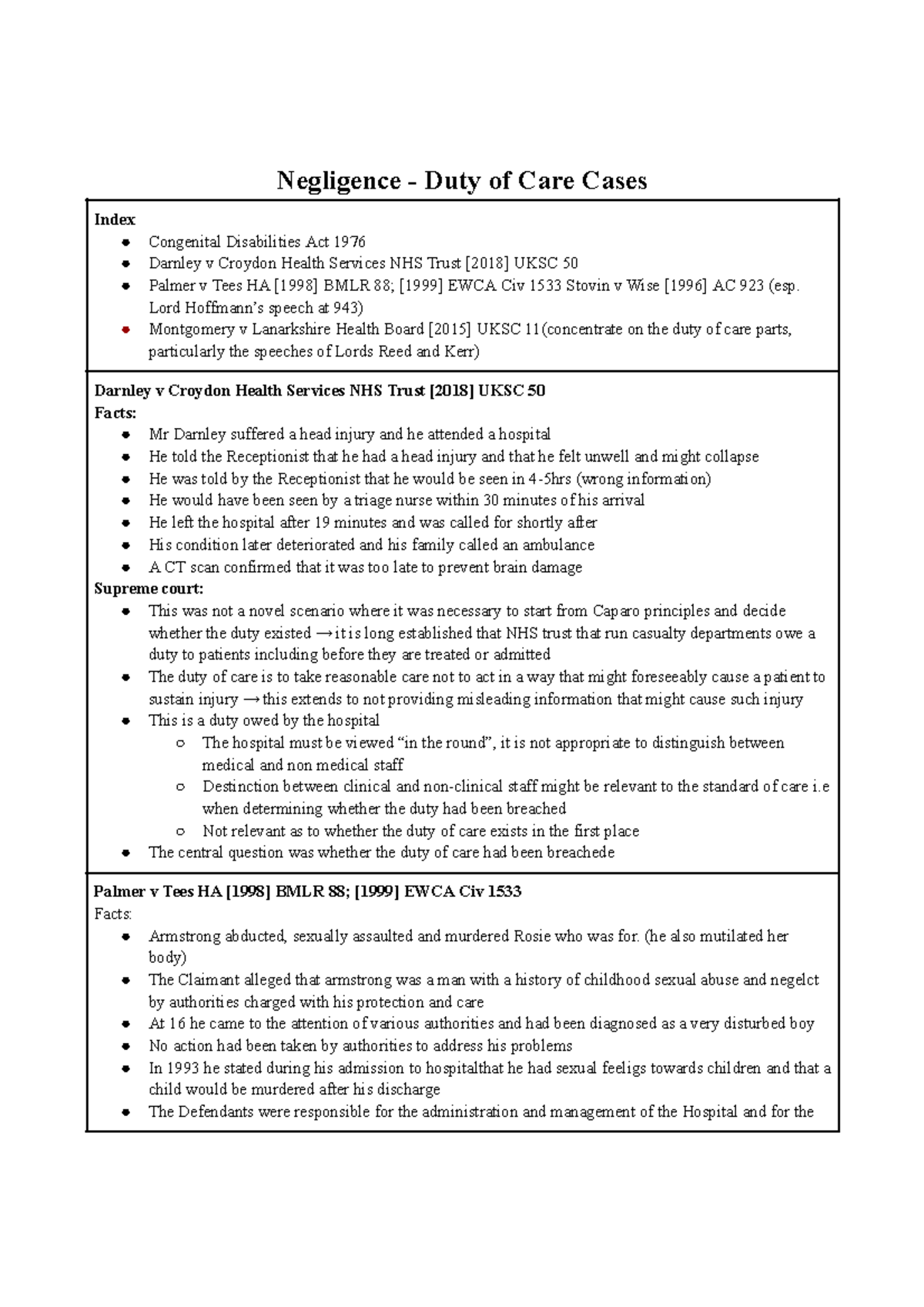Negligence - Duty of care cases - Negligence - Duty of Care Cases Index ...