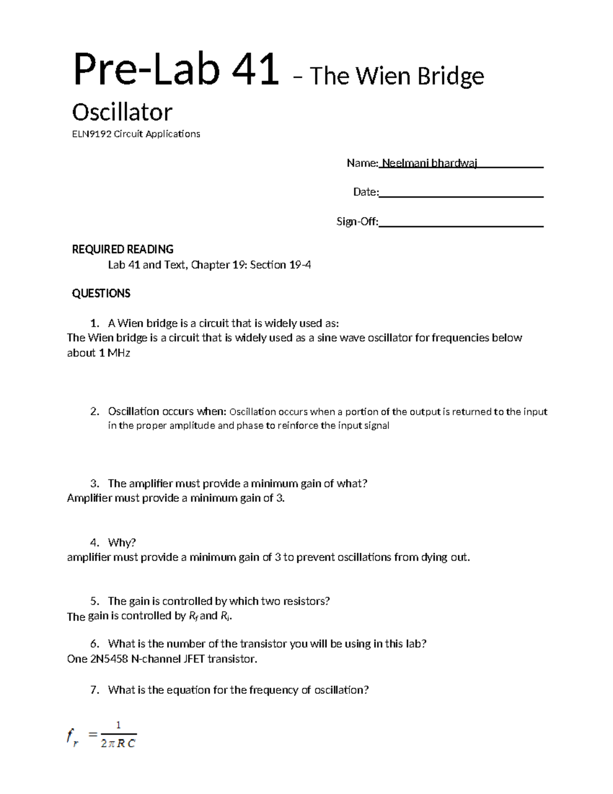 Pre-Lab 41 - The Wien Bridge Oscillator - Pre-Lab 41 – The Wien Bridge Oscillator ELN9192 ...