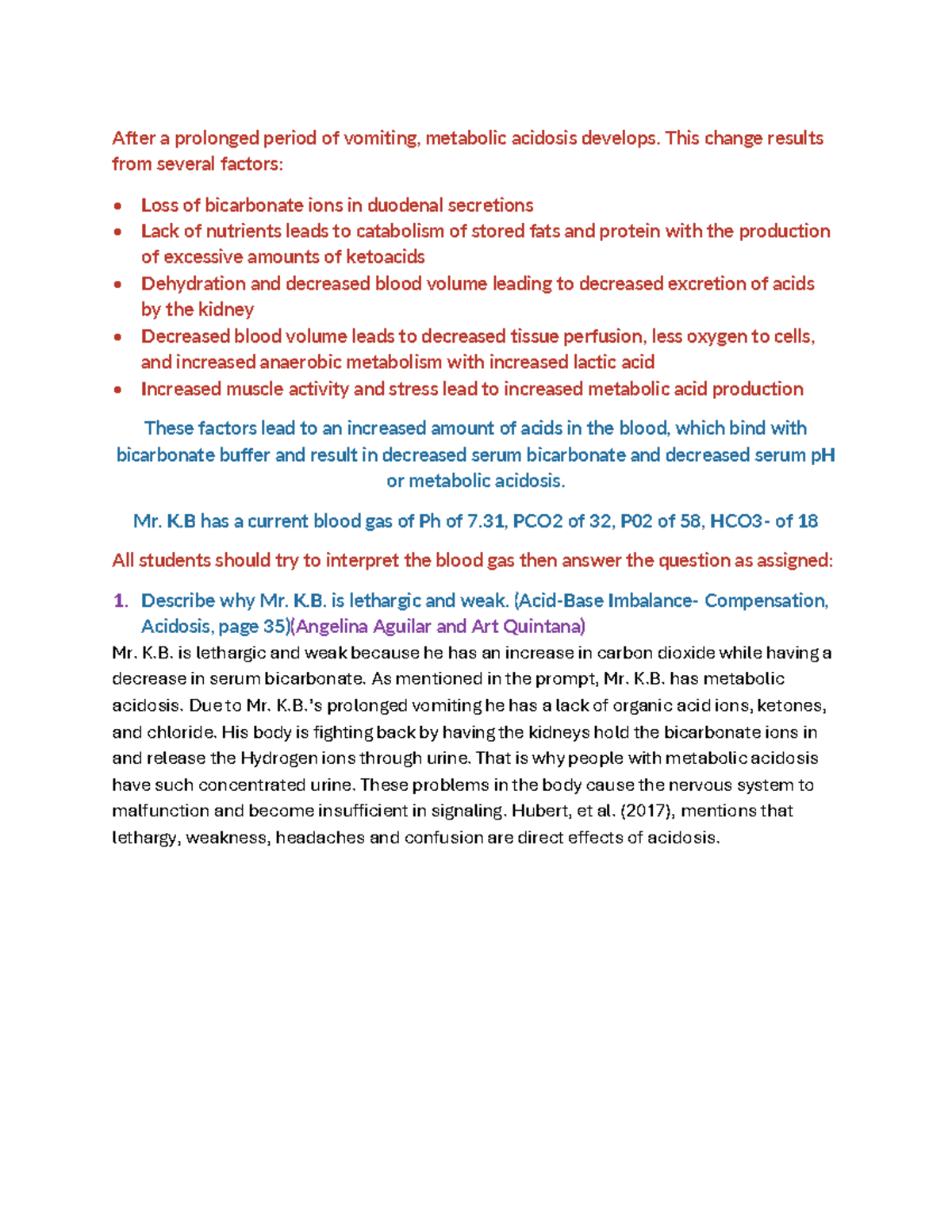 Case Study Chapter 2, Part 3 - Acid Base Imbalance - After a prolonged ...
