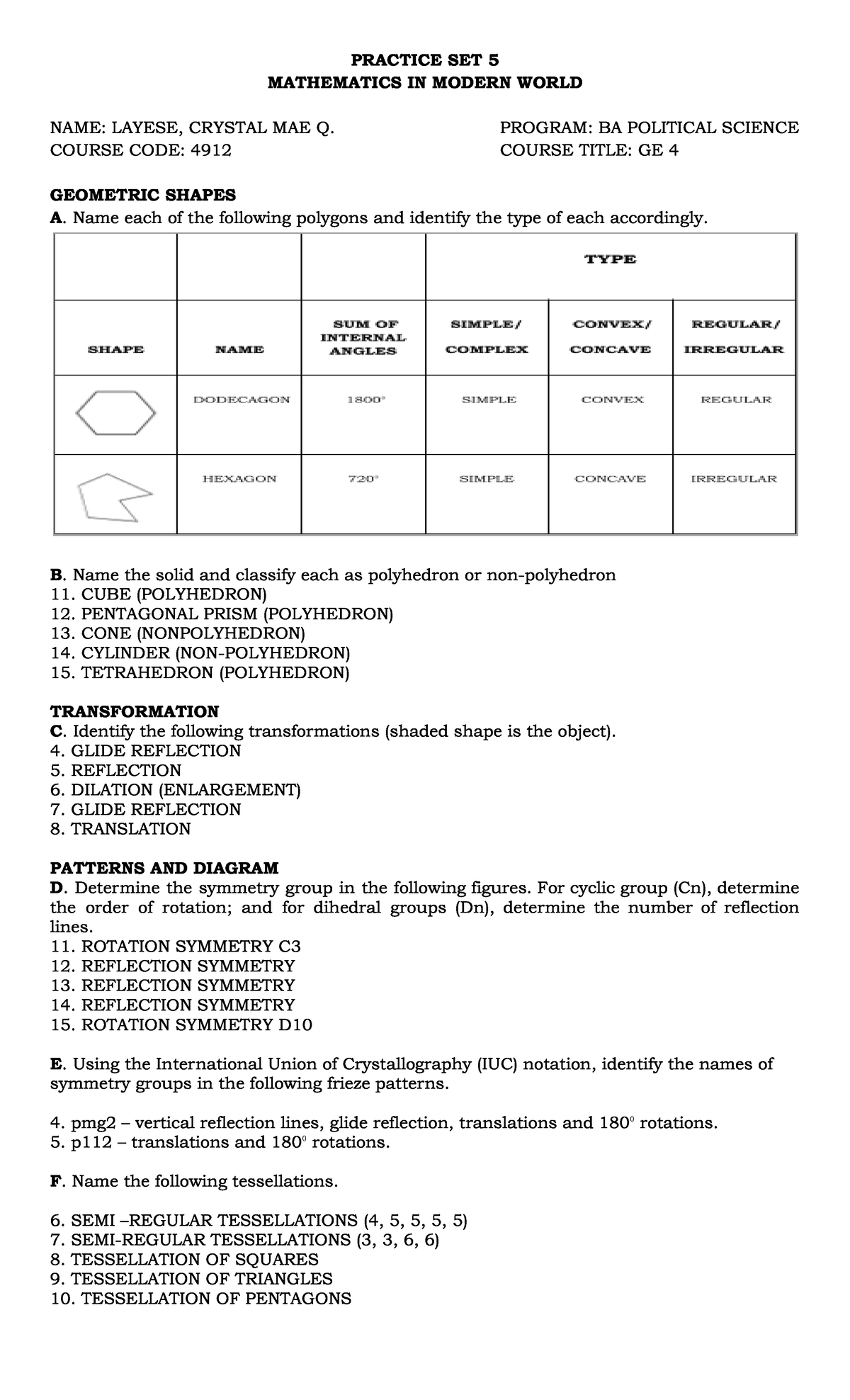 GE4(4912) Practice SET 5 - PRACTICE SET 5 MATHEMATICS IN MODERN WORLD NAME: LAYESE, CR YSTAL MAE ...
