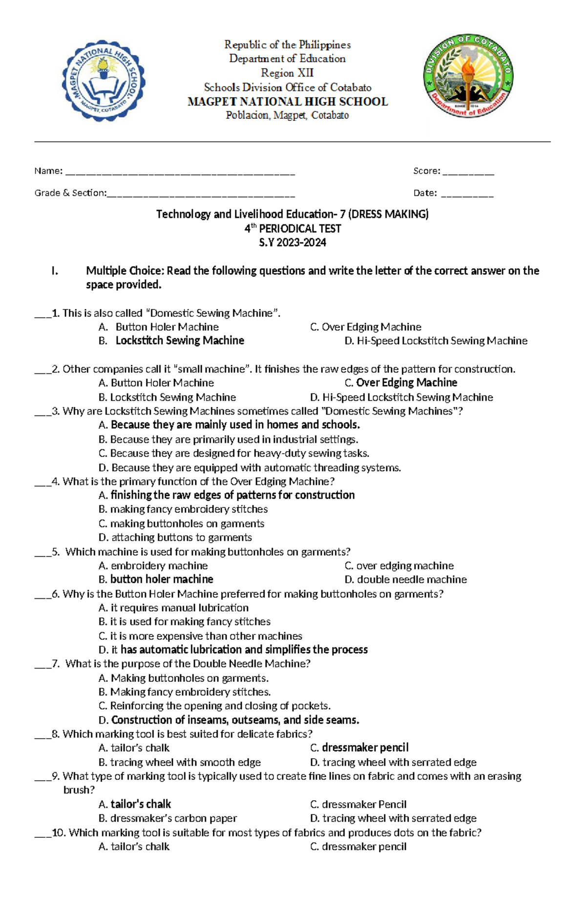 7-final exam-Answer Key - Name ...