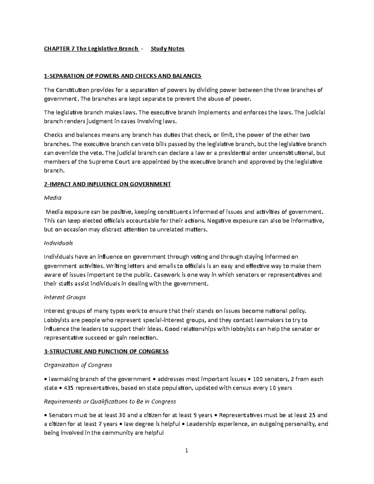 Chapter 7 Notes - Very useful - CHAPTER 7 The Legislative Branch ...