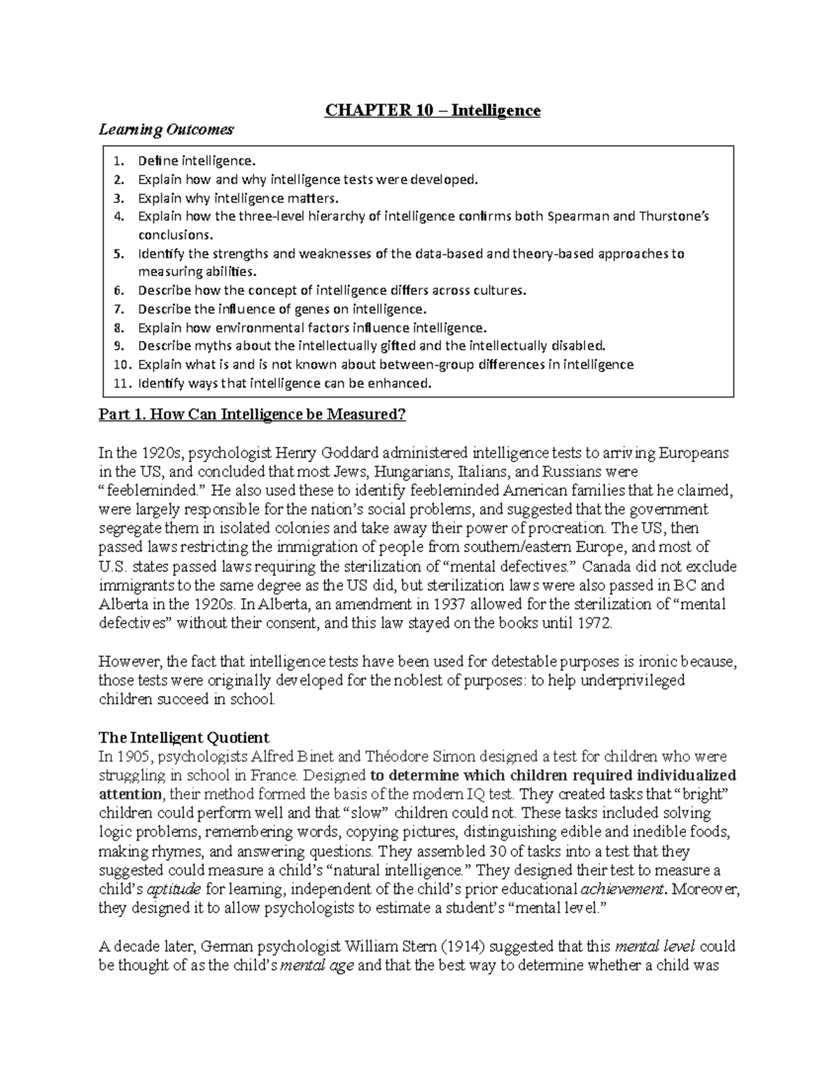 Chapter 10 - Intelligence - CHAPTER 10 – Intelligence Learning Outcomes ...