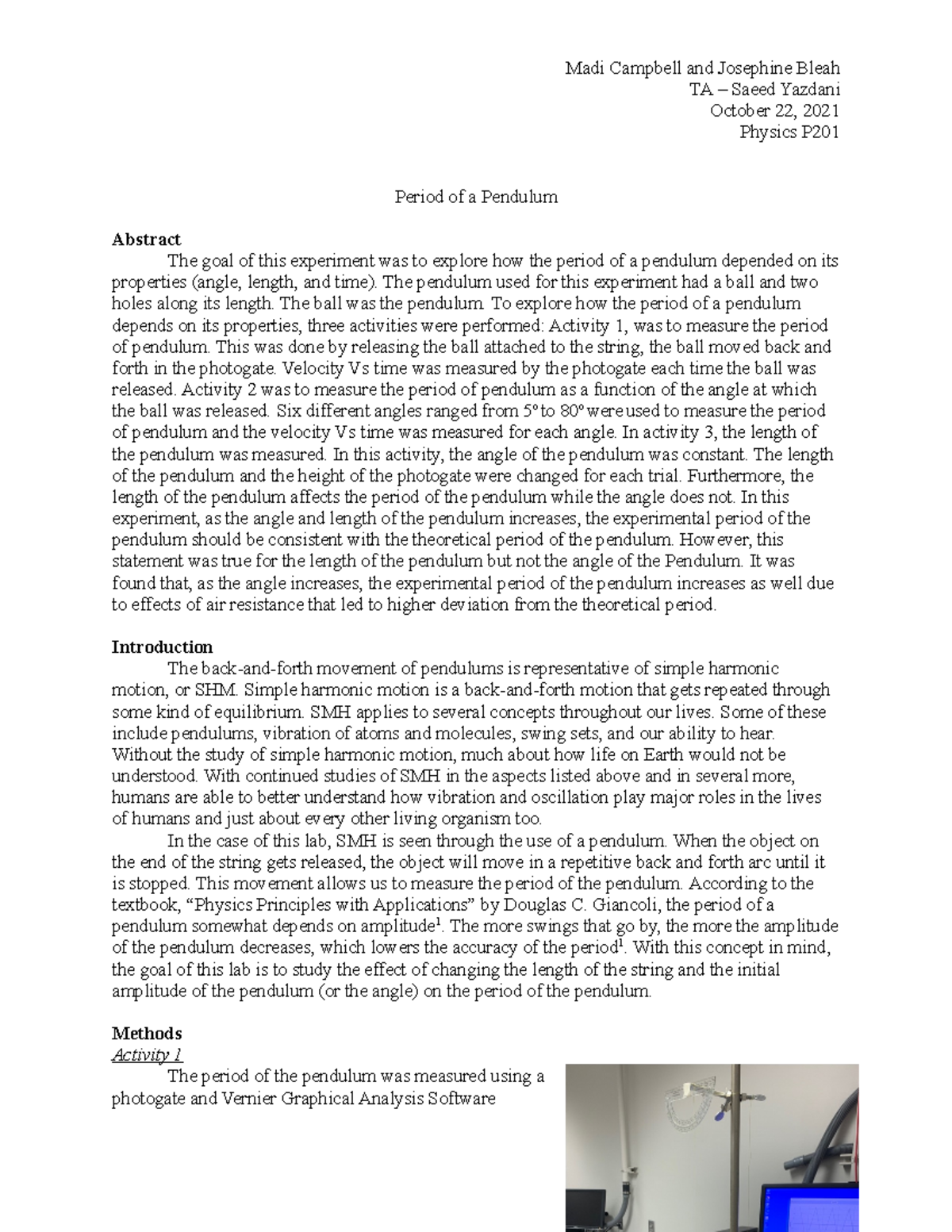 Period of a Pendulum Lab report - TA – Saeed Yazdani October 22, 2021 ...