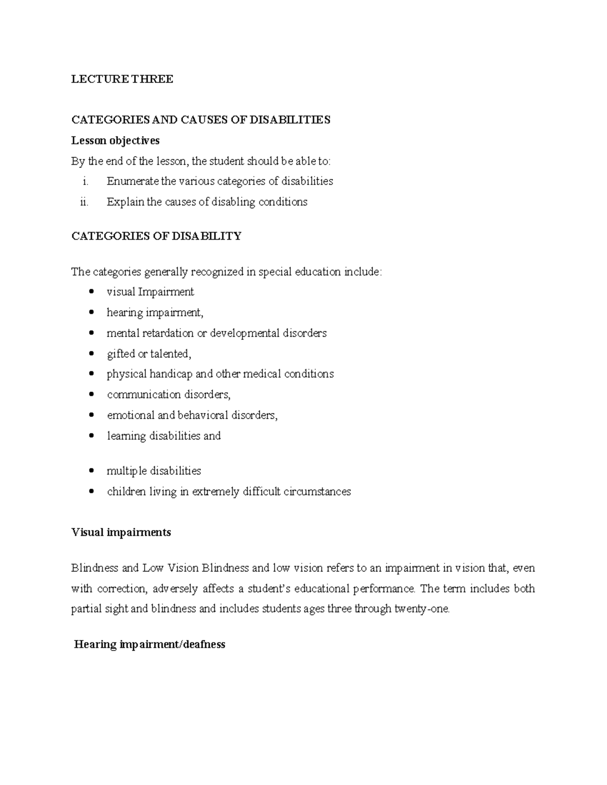 Esn 100 Lecture Three Lecture Three Categories And Causes Of Disabilities Lesson Objectives By