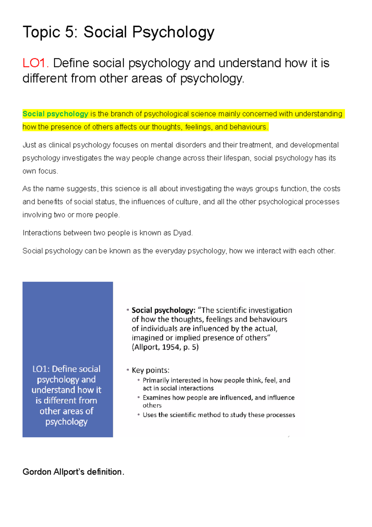 Topic 5 - Social Psychology - Topic 5: Social Psychology LO1. Define ...