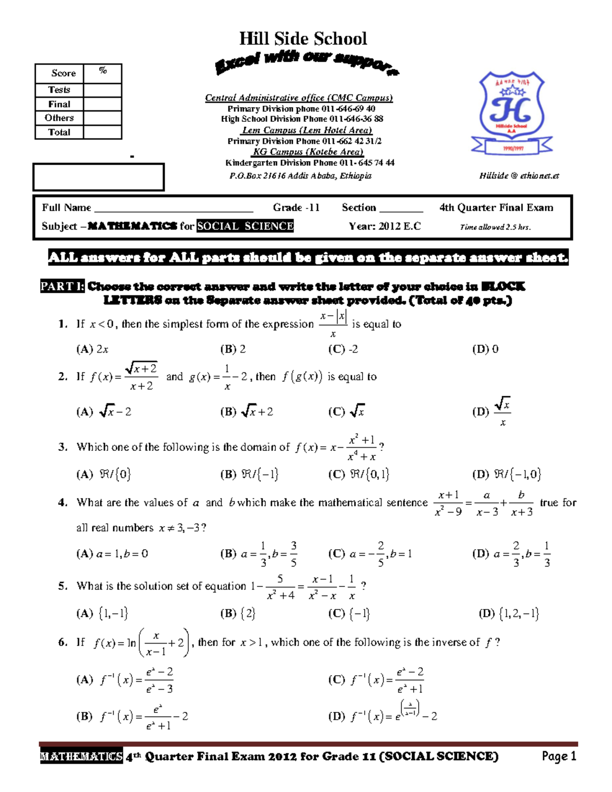 MATHEMATICS for SOCIAL SCIENCE - Hill Side School Central ...
