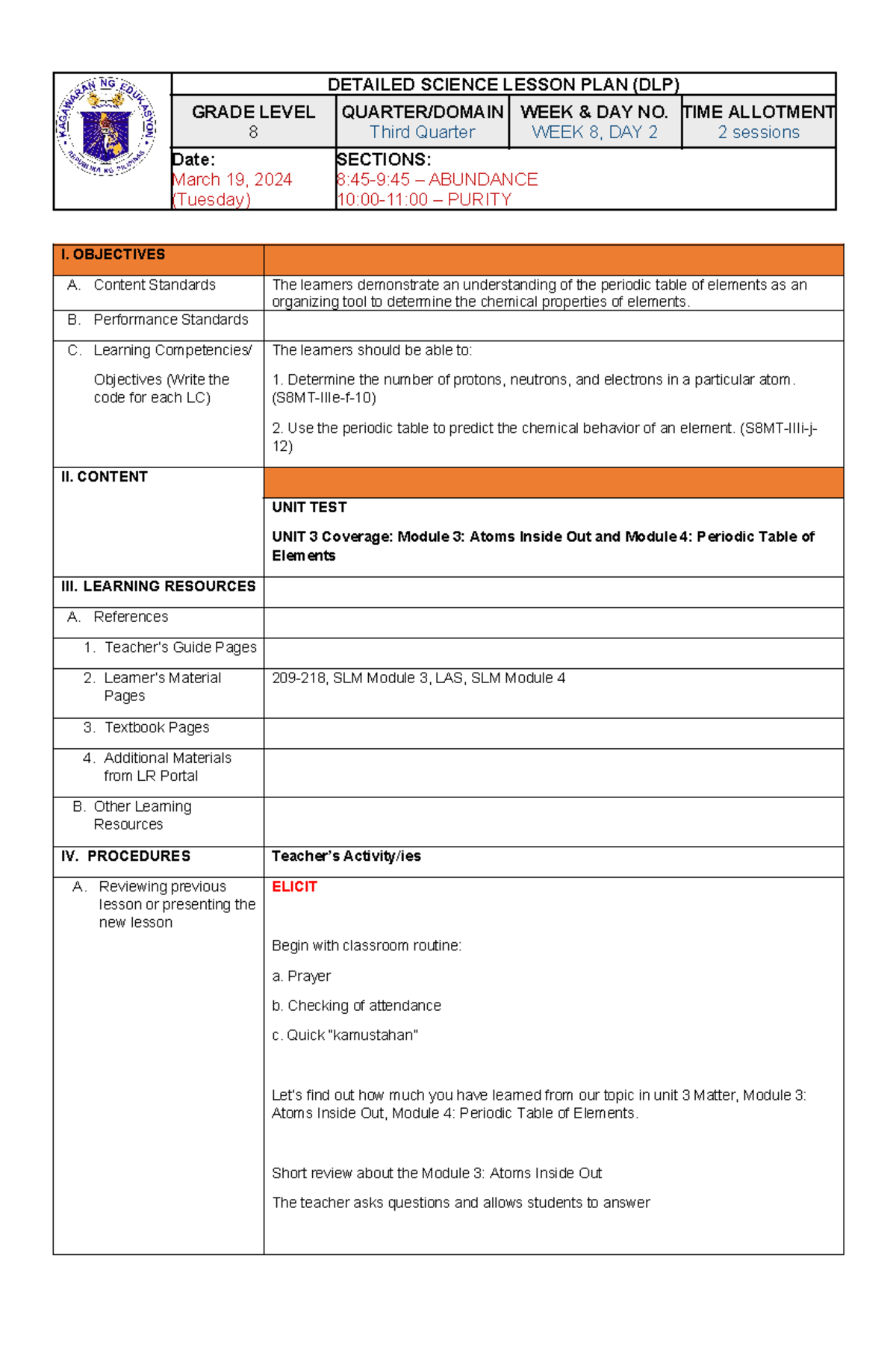 UNIT TEST LP - LESSON PLAN IN SCIENCE 8 - DETAILED SCIENCE LESSON PLAN ...