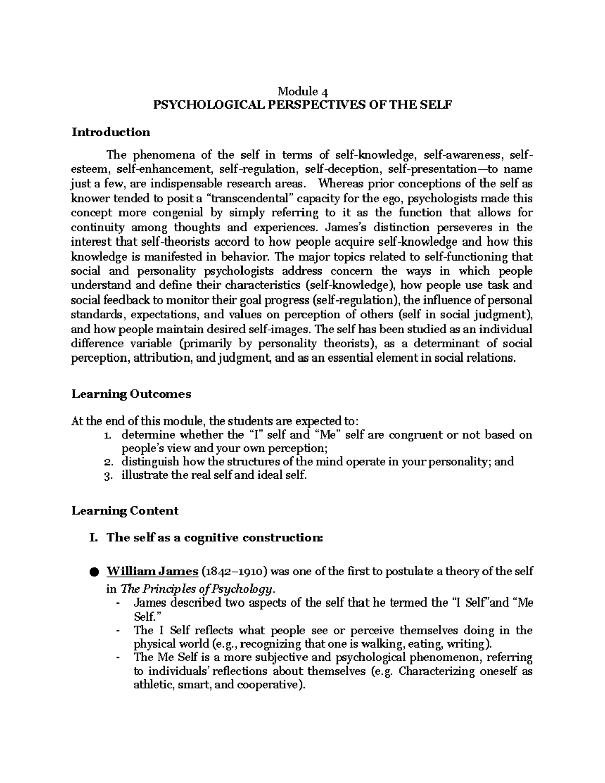 Module 4 in UTS - Module 4 PSYCHOLOGICAL PERSPECTIVES OF THE SELF ...
