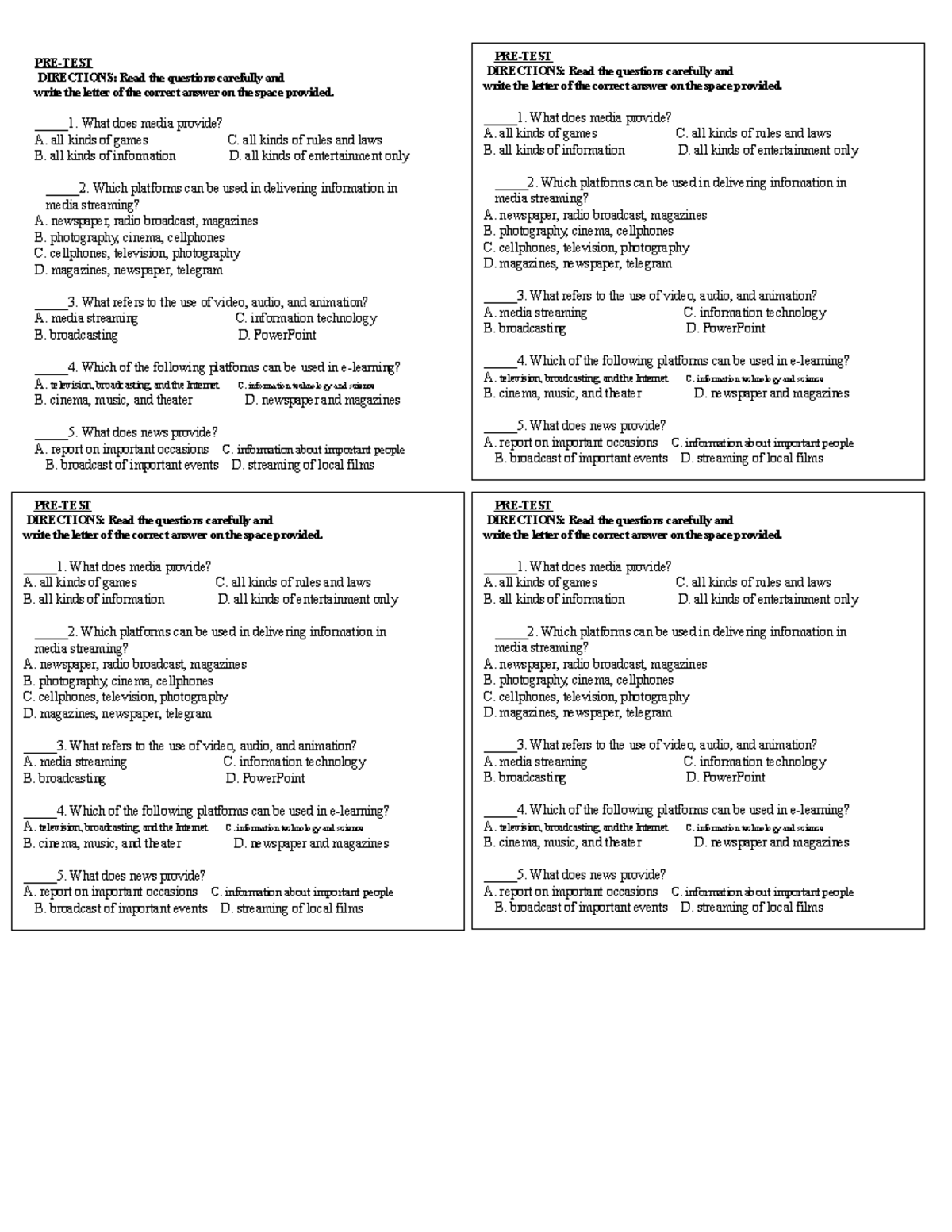 Quiz - Notes - PRE-TEST DIRECTIONS: Read the questions carefully and ...