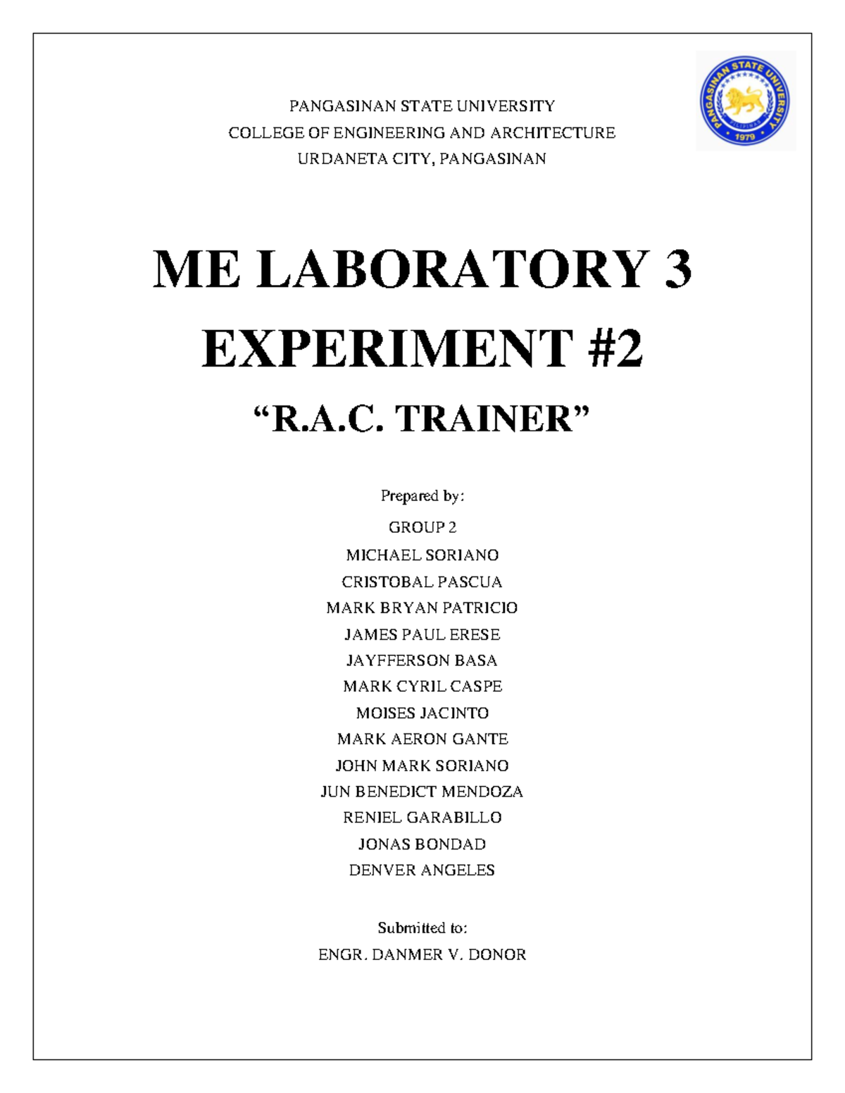 Experiment-2 RAC- Trainer - PANGASINAN STATE UNIVERSITY COLLEGE OF ENGINEERING AND ARCHITECTURE ...