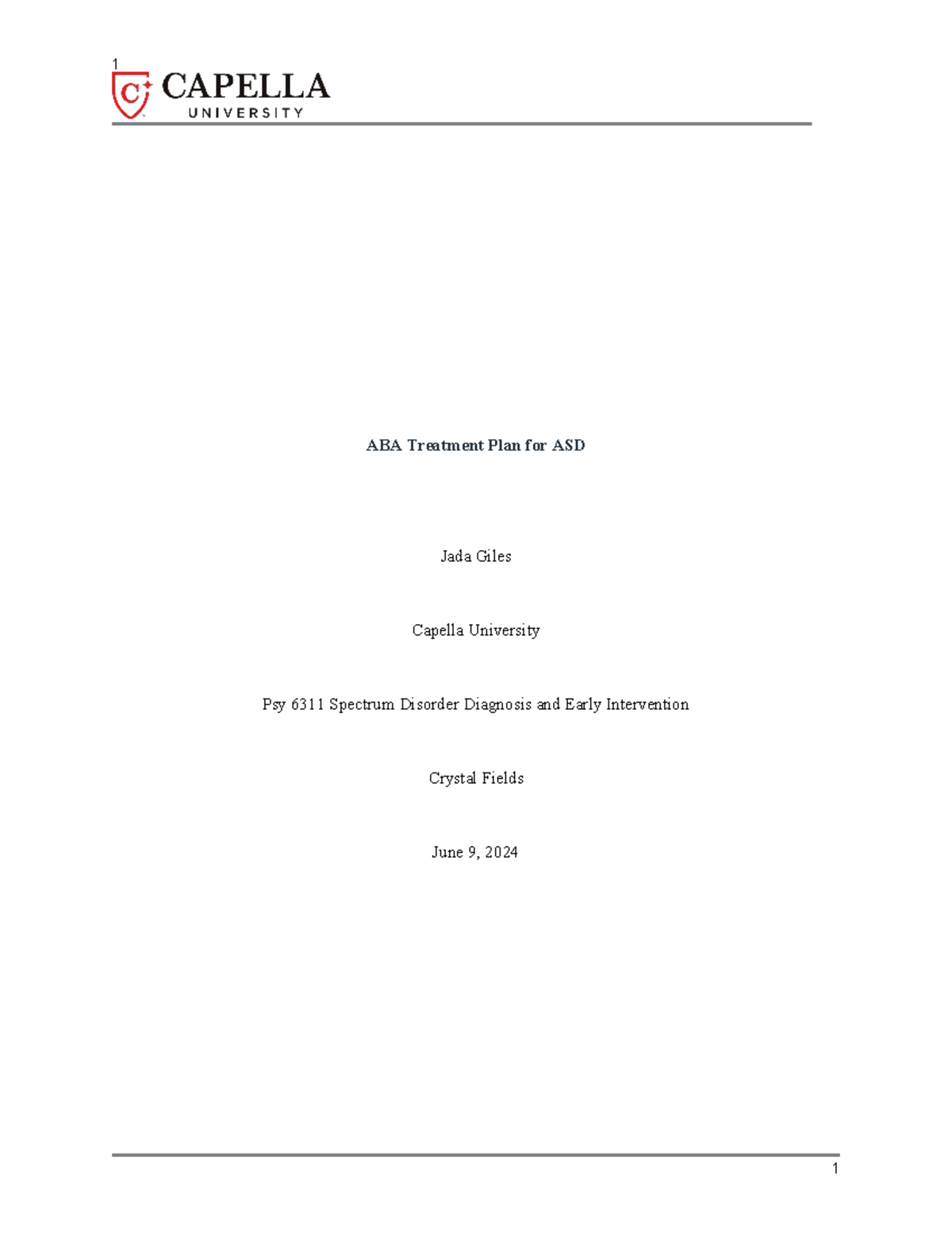 ASD Treatment Plan pt 1 & 2JG - ABA Treatment Plan for ASD Jada Giles ...