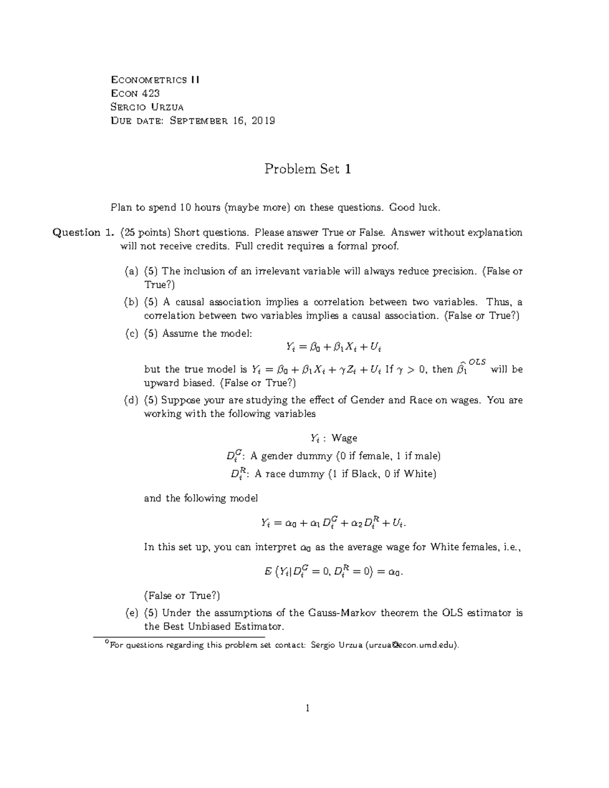 PSET1 Econ423 F2019 - homework - Econometrics II Econ 423 Sergio Urzua Due date: September 16 ...