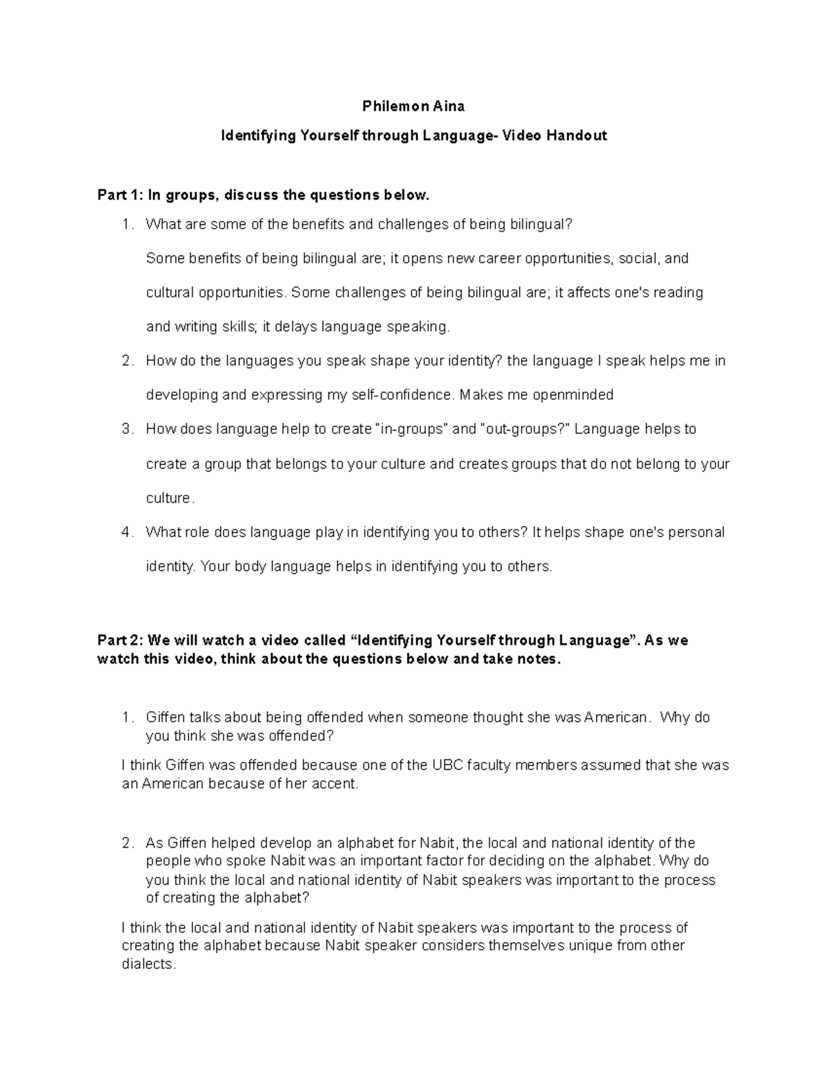 Identifying Yourself through Language- Video Handout - 1. What are some ...