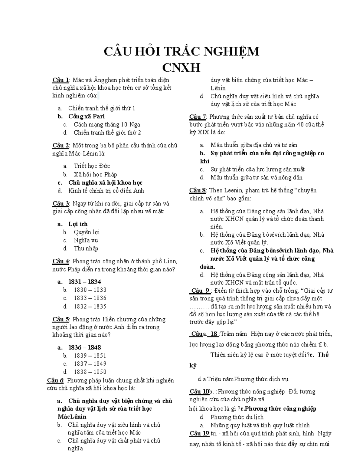 Cau hoi trac nghiem chu nghia xa hoi khoa hoc co dap an 1688 - CÂU HỎI TRẮC NGHIỆM CNXH Câu 1 ...