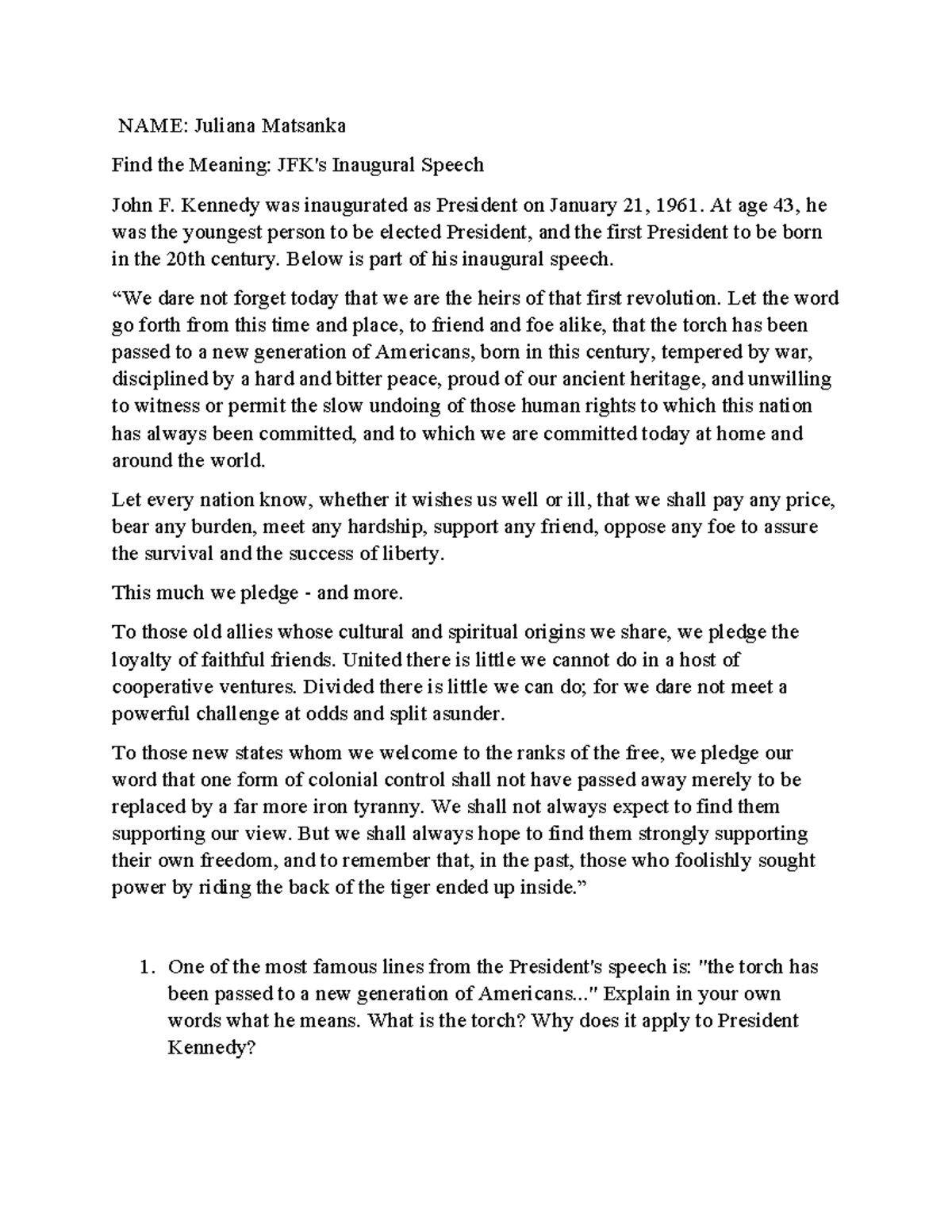 Copy of JFK Innaugural Speech - NAME: Juliana Matsanka Find the Meaning ...