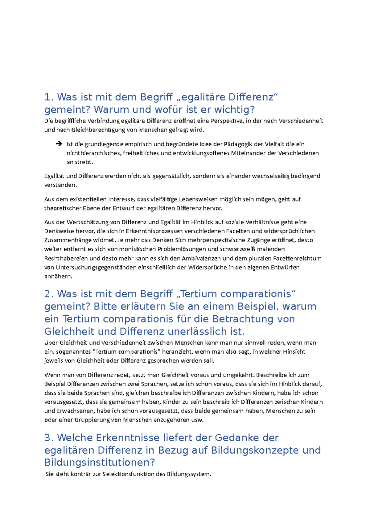 Egalitäre Differenz - Aufgaben zum Thema - 1. Was ist mit dem Begriff ...