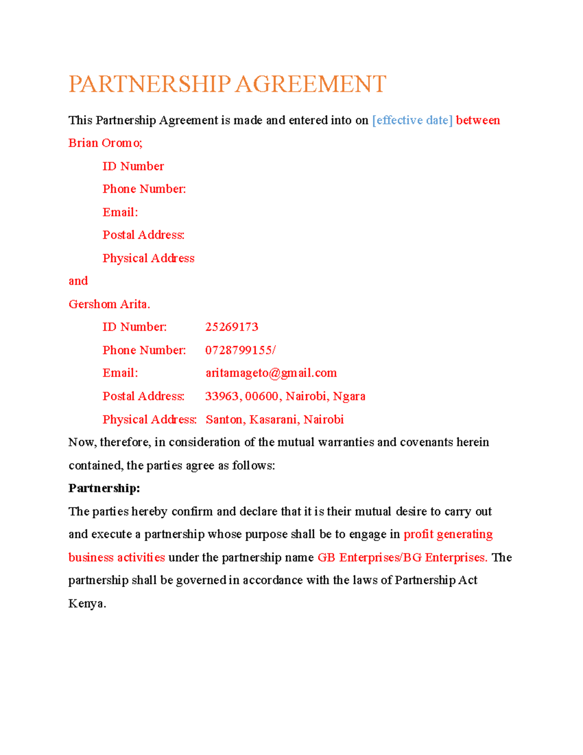Partnership Agreement Draft - PARTNERSHIP AGREEMENT This Partnership ...