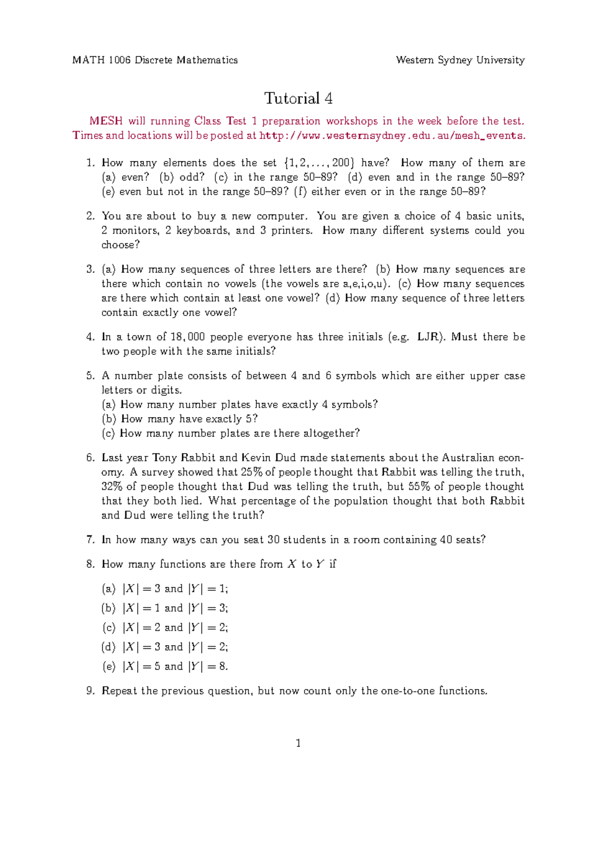 Tutorial 4 - MATH 1006 Discrete Mathematics Western Sydney University Tutorial 4 MESH will ...