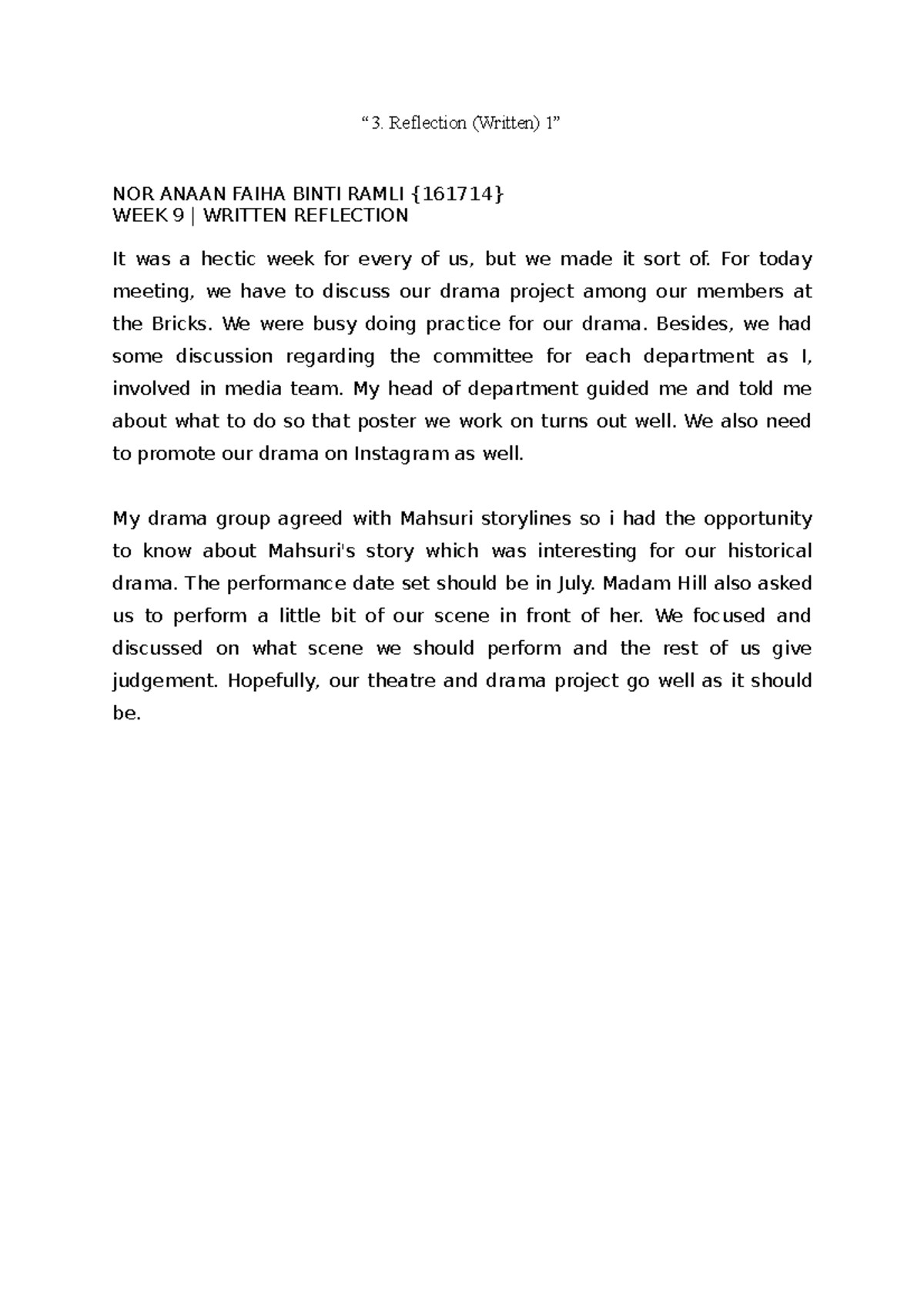 Reflection (Written) 1 - “3. Reflection (Written) 1” NOR ANAAN FAIHA ...