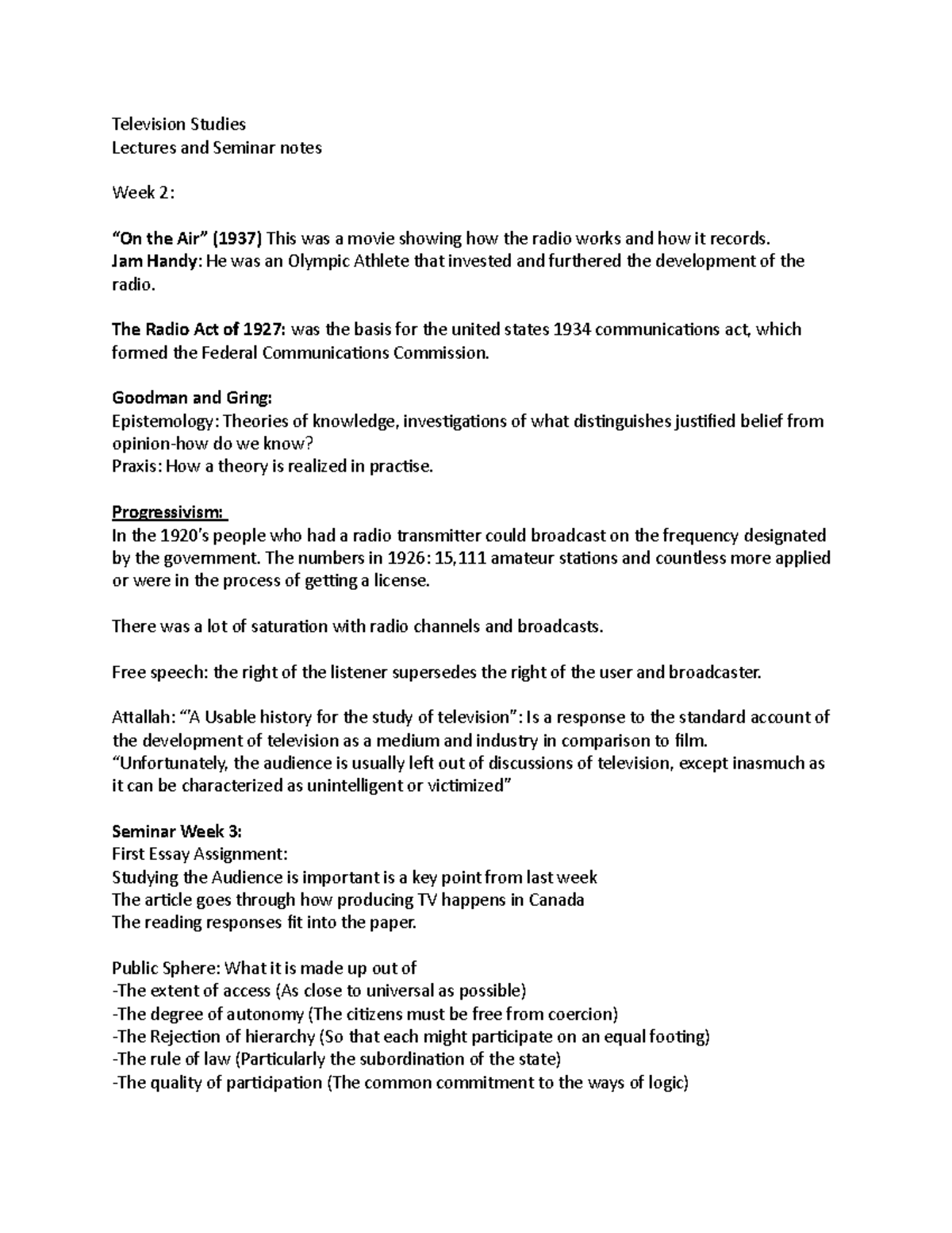 Television Studies Notes - Television Studies Lectures and Seminar ...