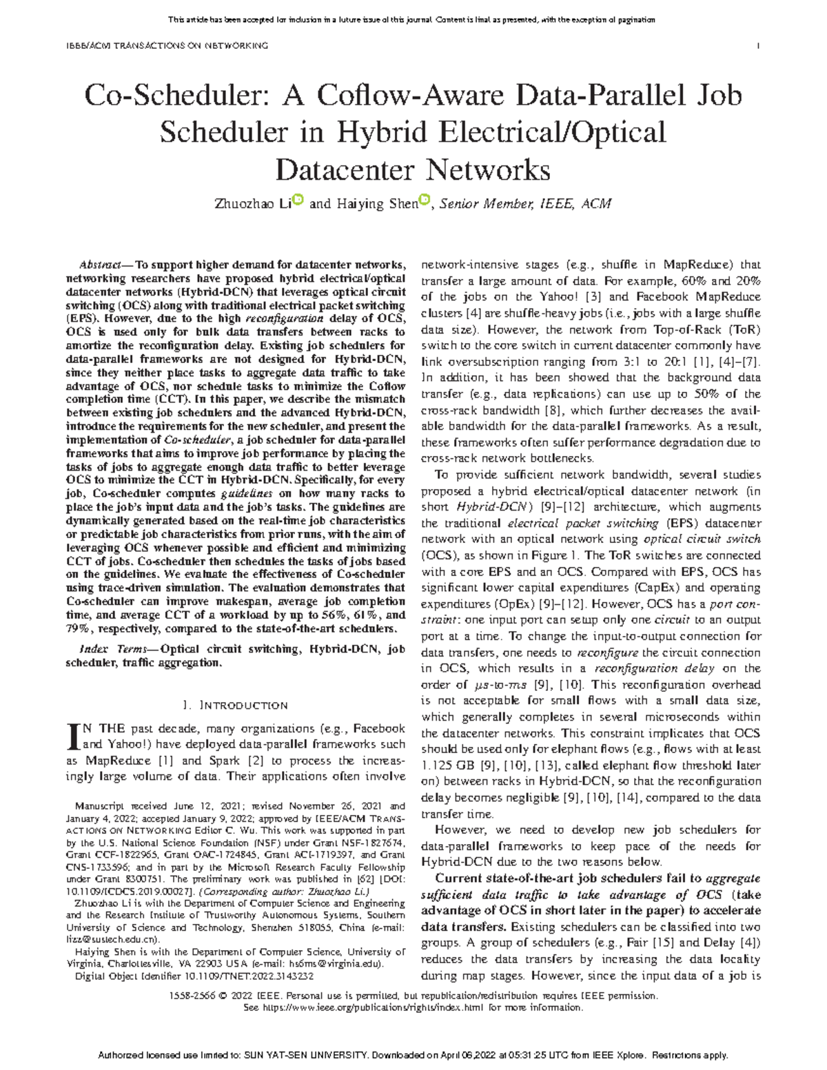 Co Scheduler A Coflow Aware Data Parallel Job Scheduler In Hybrid Electrical Optical Datacenter 